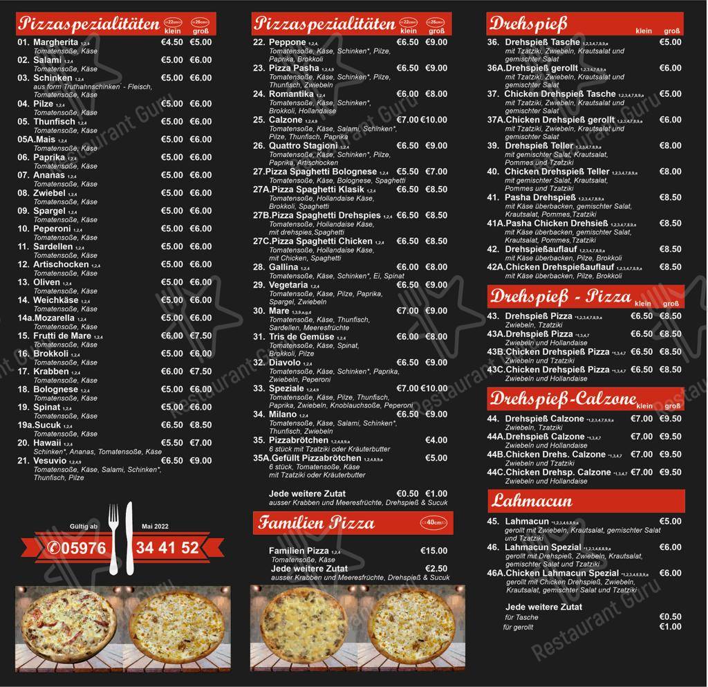 Speisekarte von Pizzeria Pasha, Salzbergen