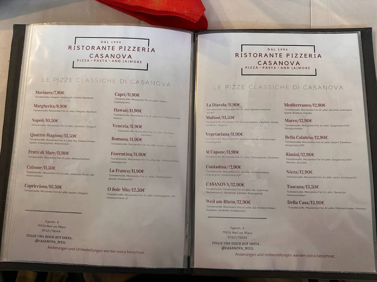 Speisekarte von Pizzería Casanova pizza, Weil am Rhein, Egerstraße 6