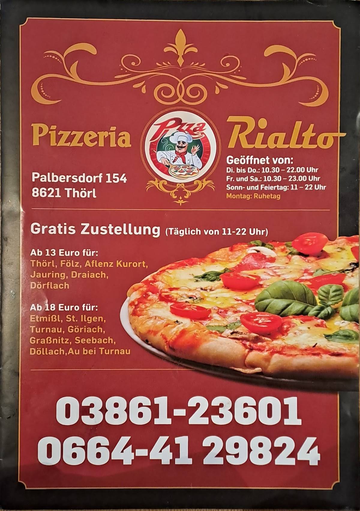 Speisekarte von Pizzeria Rialto, Thörl