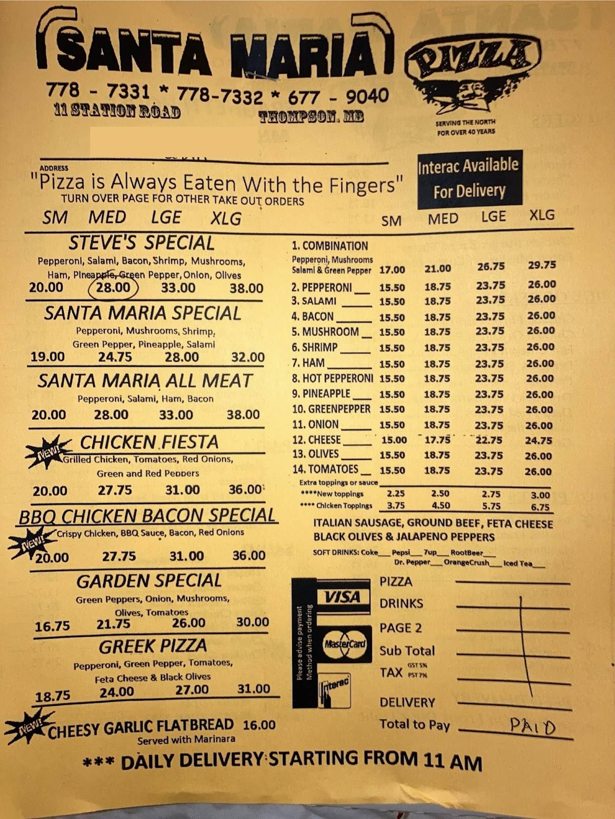 Menu at Santa Maria Pizza & Spaghetti House pizzeria, Thompson