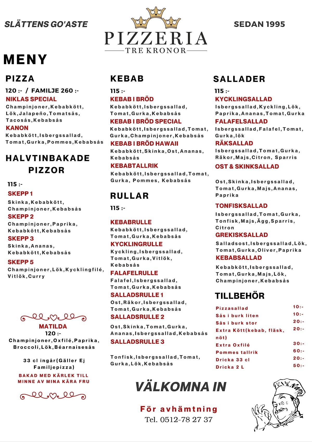 Menu at Pizzeria Tre Kronor, Vara