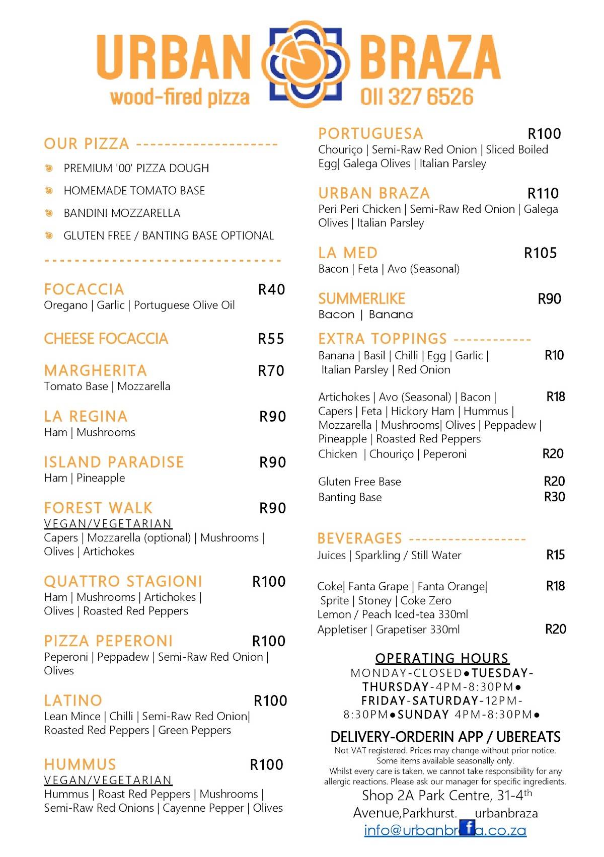 Menu at Urban Braza pizzeria, Randburg
