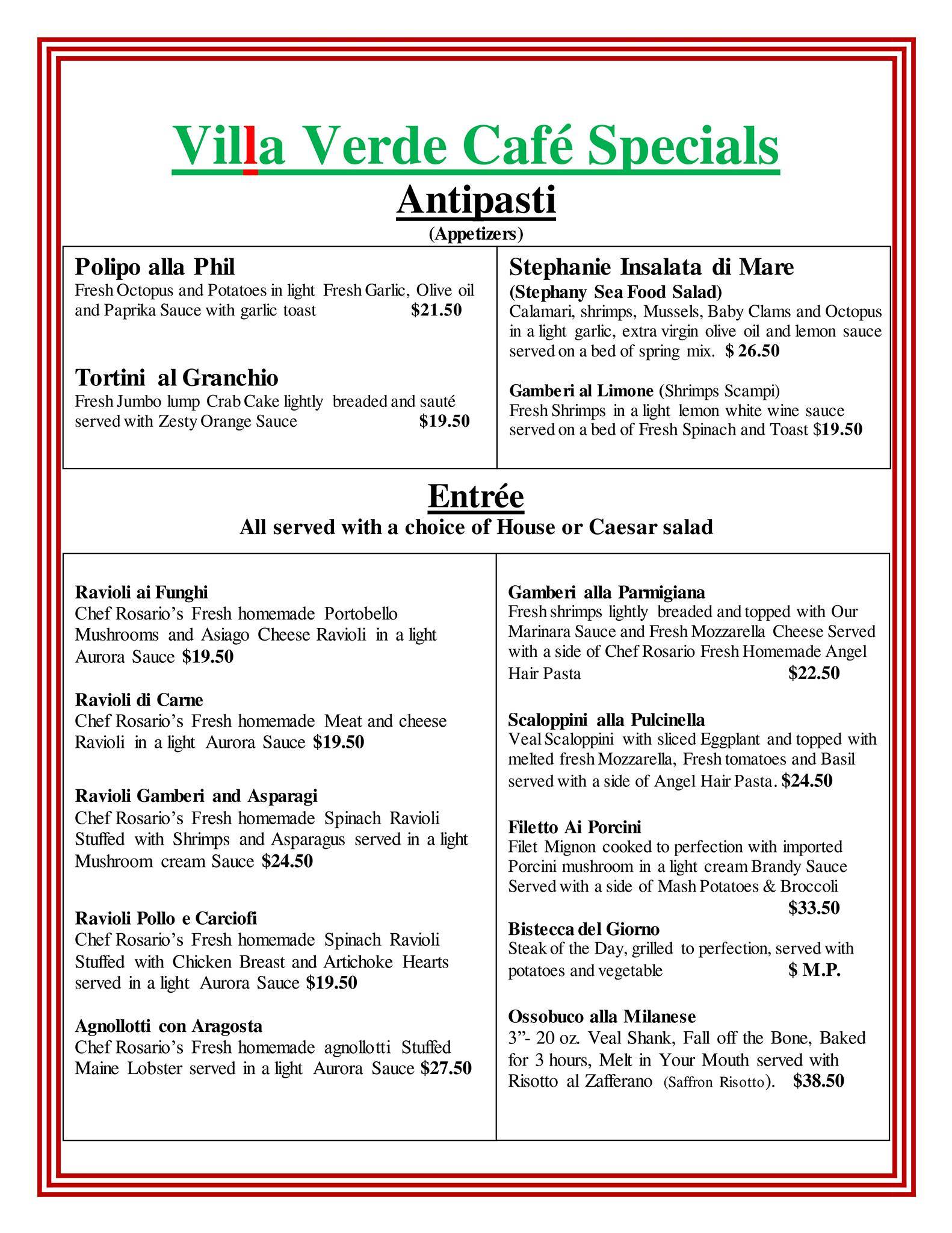 Menu at Villa Verde Cafe Ristorante Italiano, Shady Hills