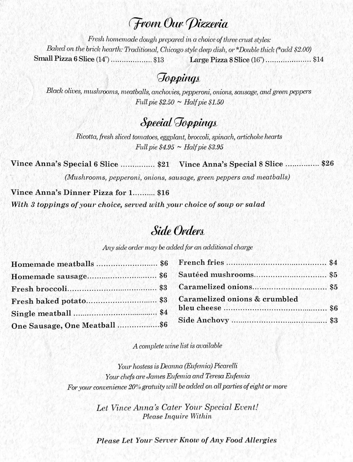 Menu at Vince Anna's Restaurant (Reservations Required), Greenville