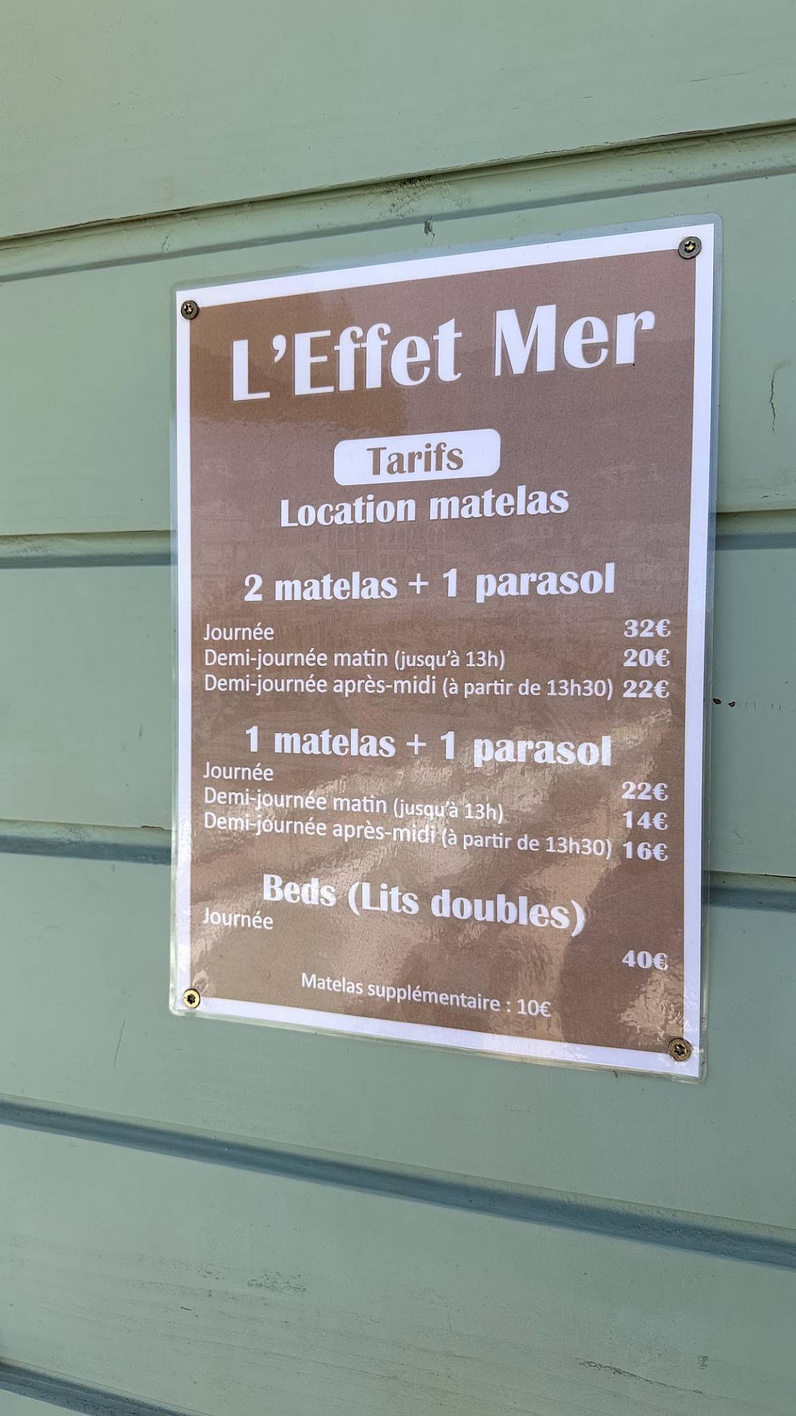 Menu au Plage restaurant L'Effet Mer Le Lavandou, Le Lavandou