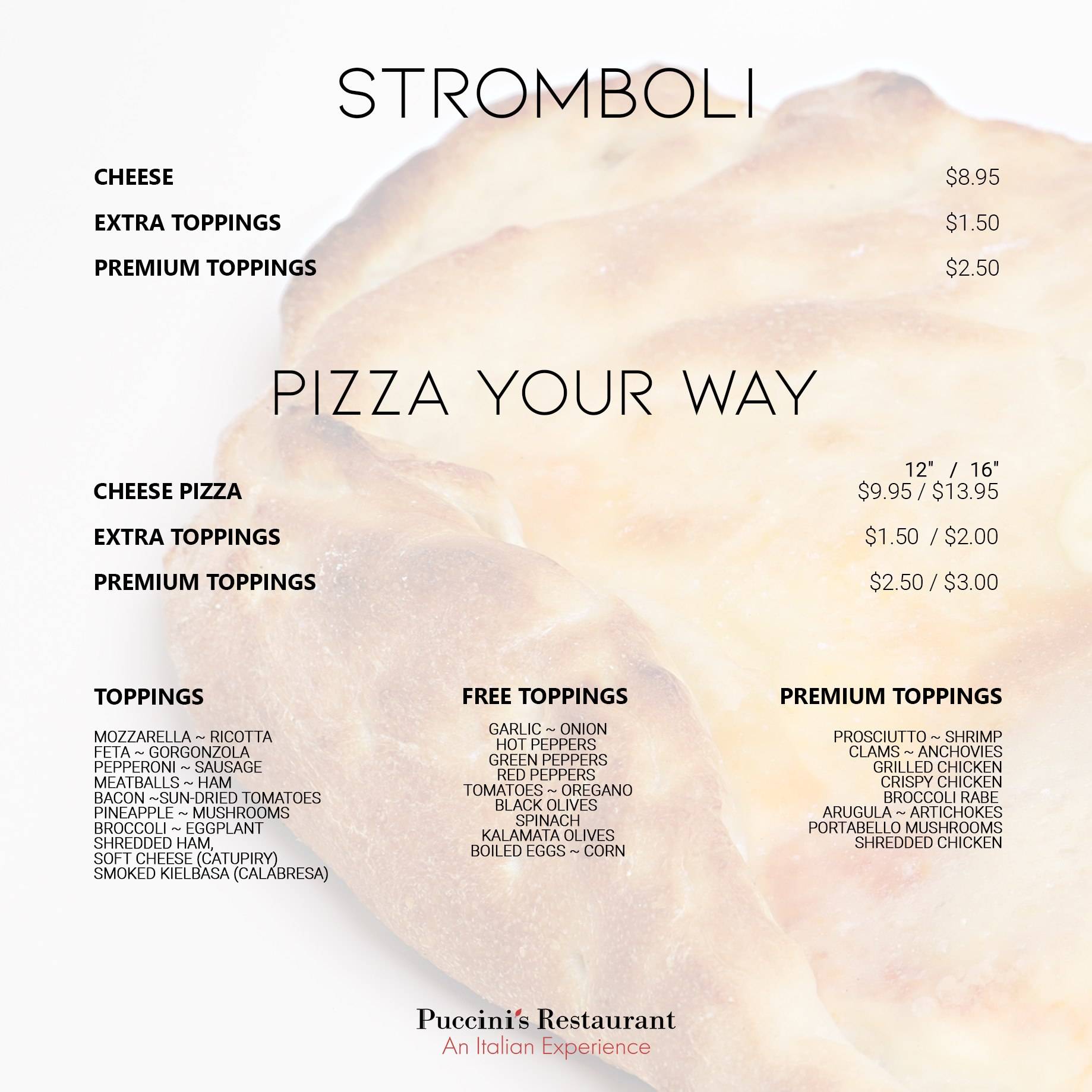Carta de Puccini's Restaurant & Pizza - Plantation, Plantation