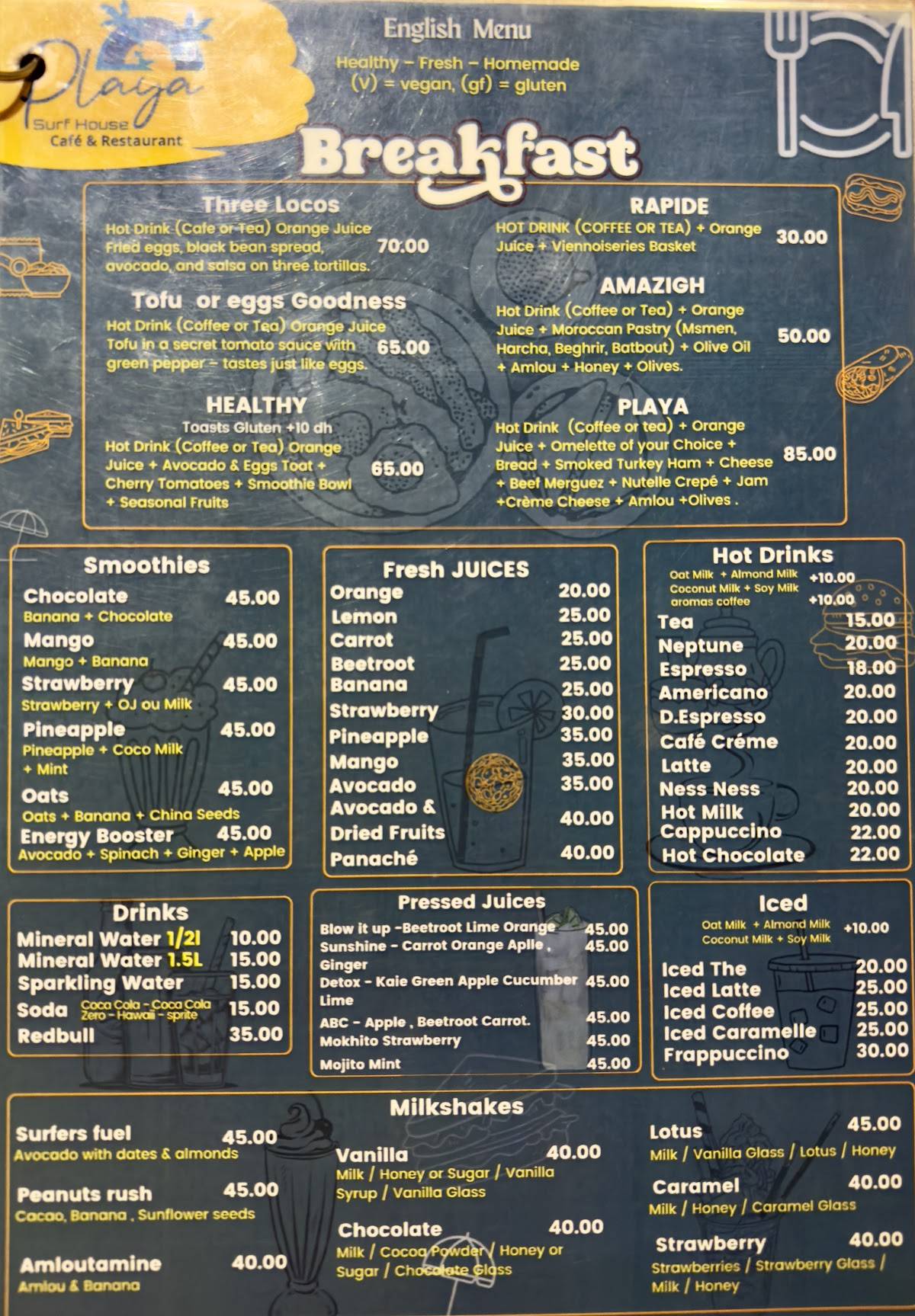 Menu au Playa Surf House Restaurant Cafe, Tamraght