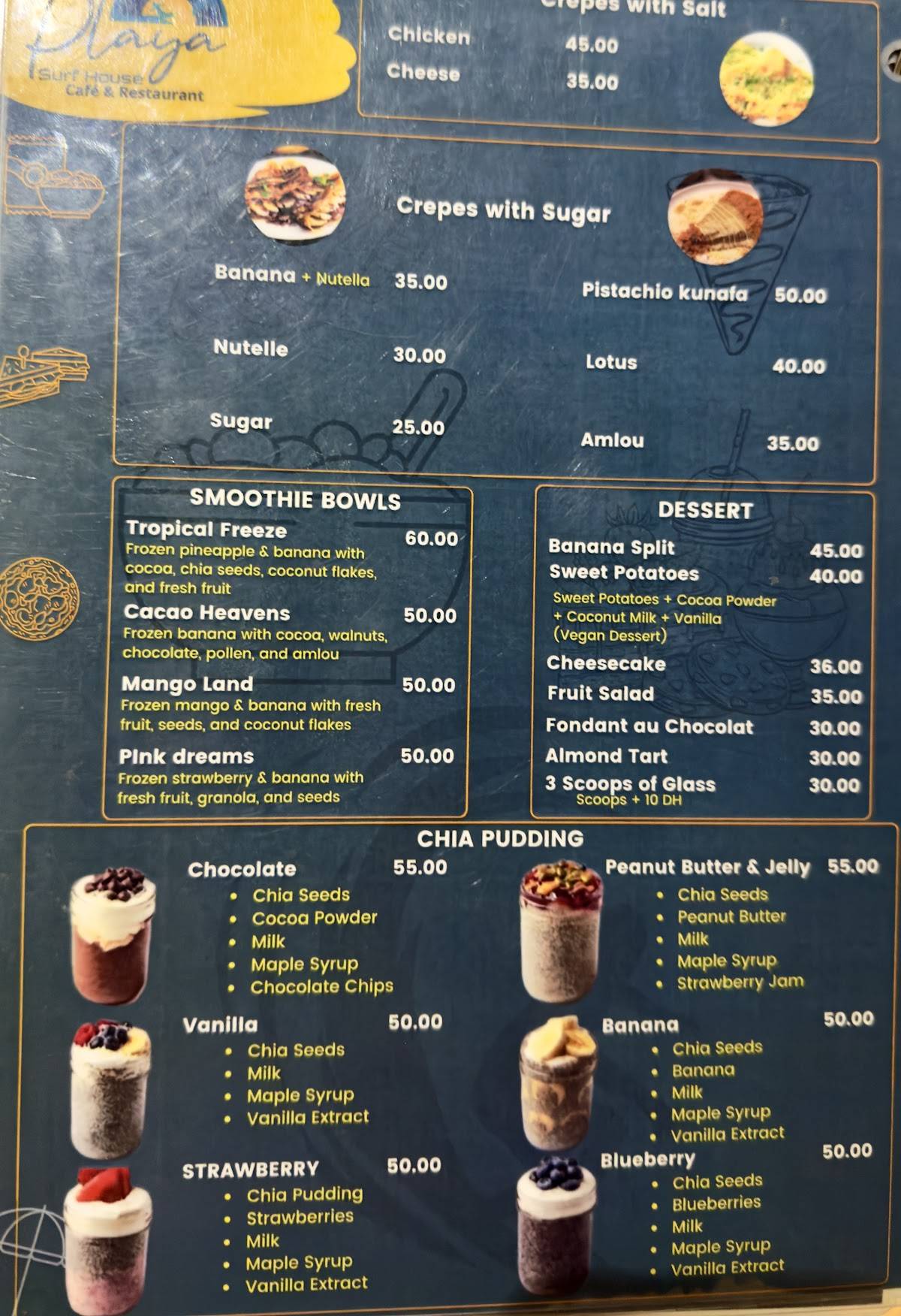 Menu au Playa Surf House Restaurant Cafe, Tamraght