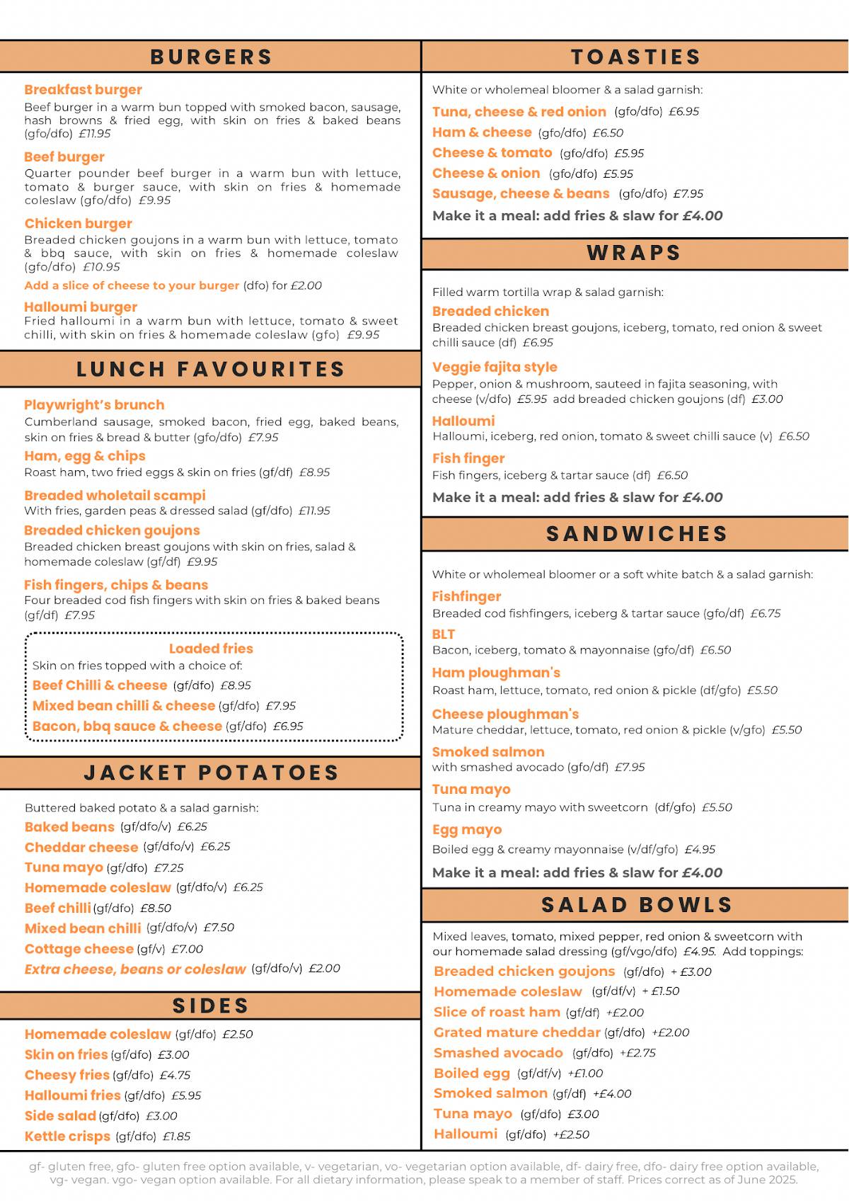 Menu at Playwrights Cafe - Coventry Canal Basin, Coventry