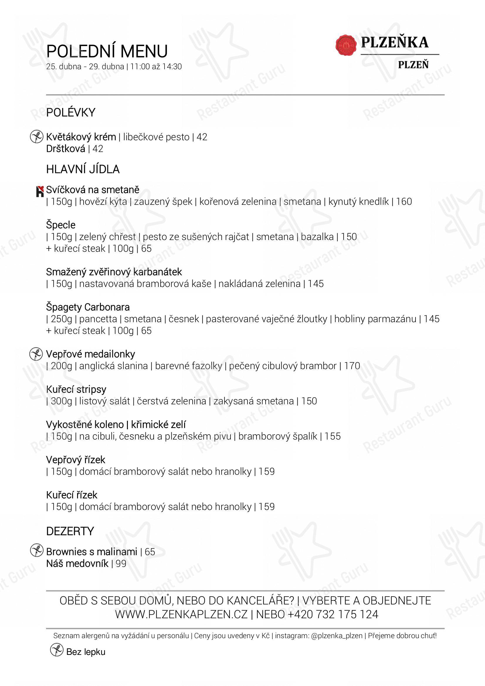 Carta del restaurante Plzeňka Plzeň, Pilsen