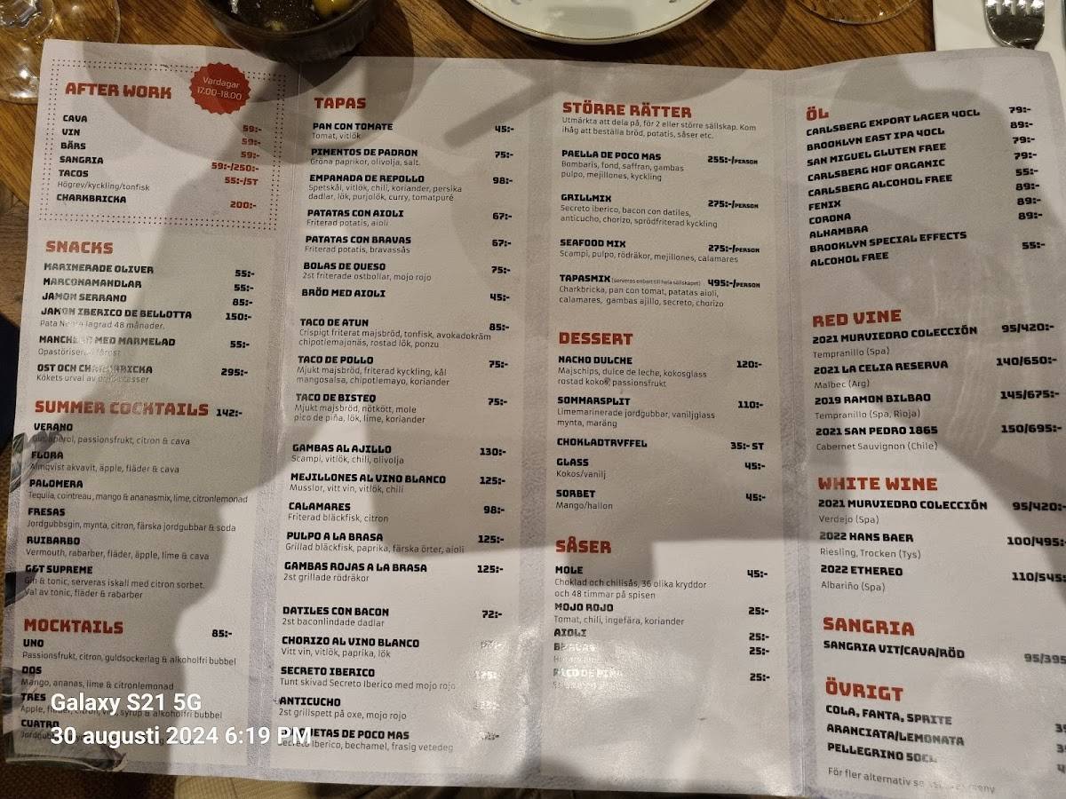 Menu at Poco Mas restaurant, Norrköping