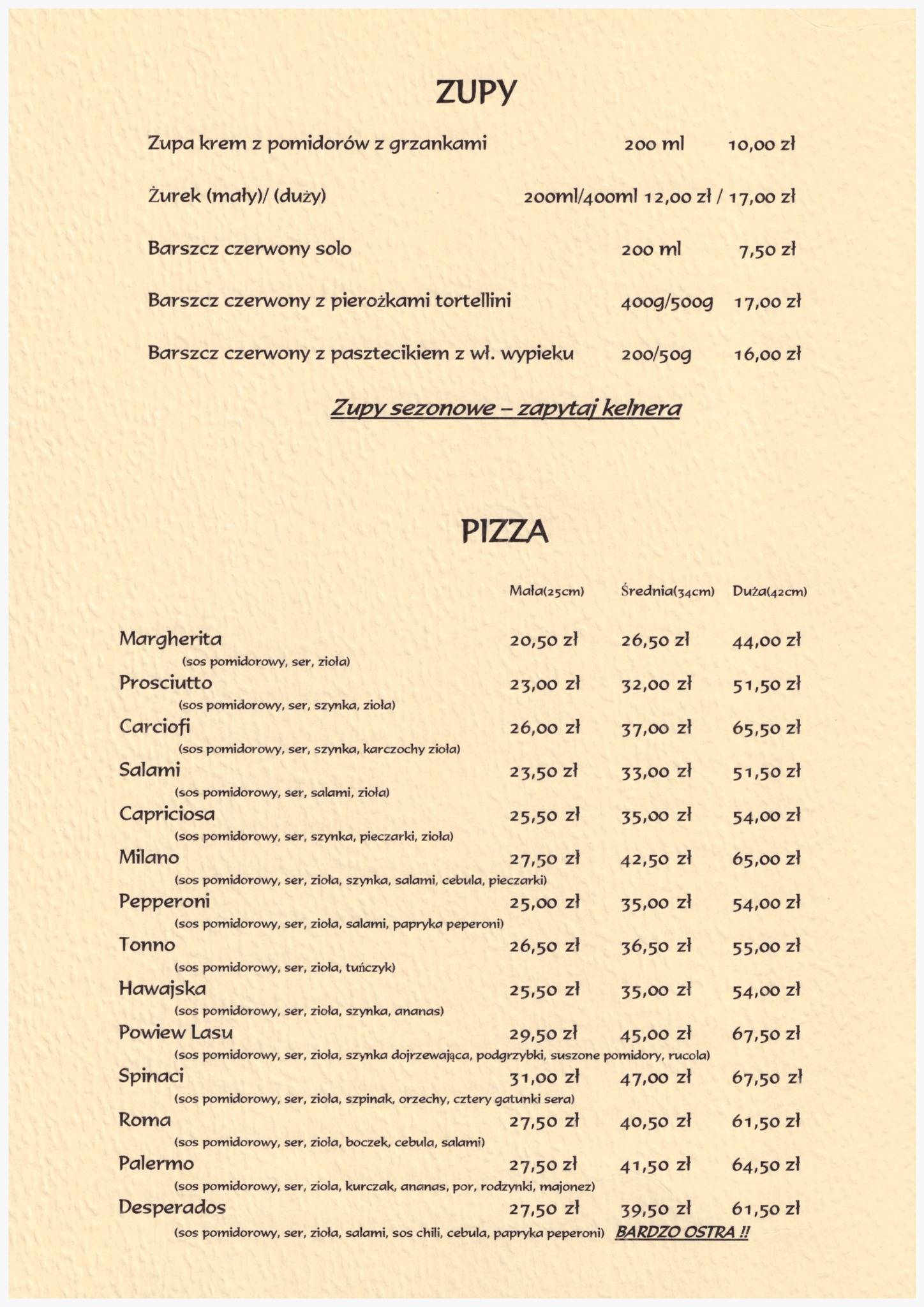 Menu at Pizzeria „Pod Żurawiem”, Bytom