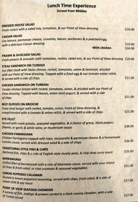 Menu at Point of View restaurant, Wellington Point