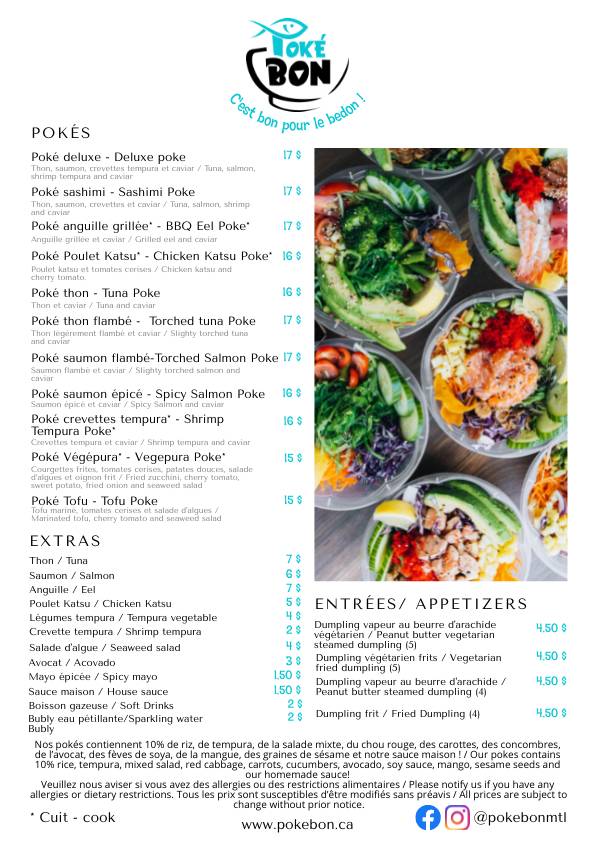 Menu at Poké Bon restaurant, Montréal