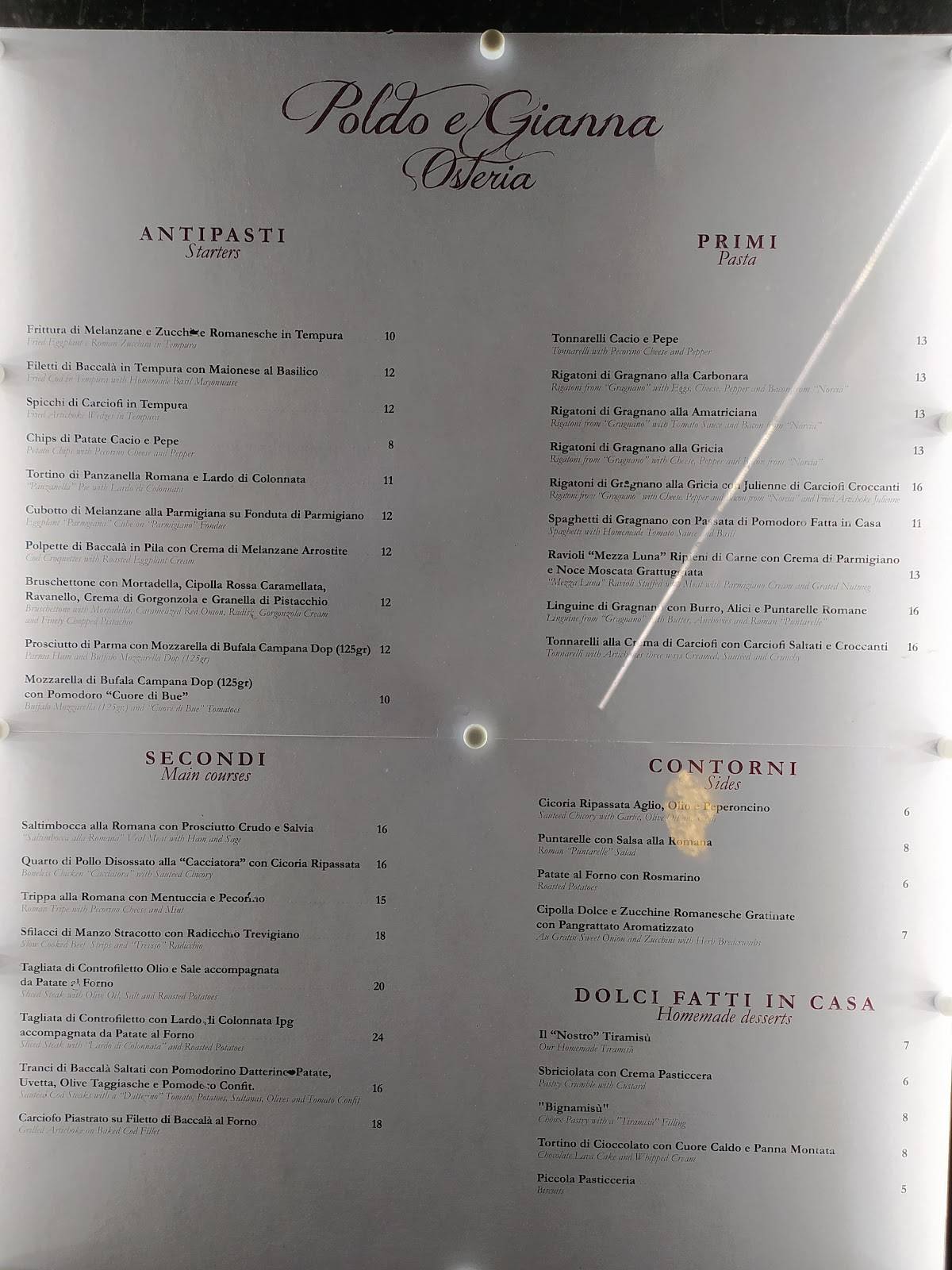 Menu at Poldo e Gianna Osteria restaurant, Rome, Vicolo Rosini