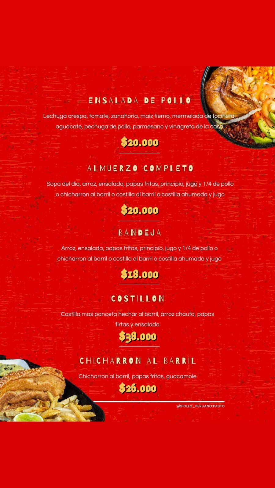 Carta del restaurante Pollo peruano, Pasto