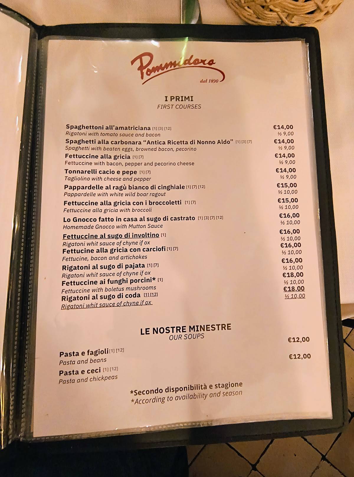 Menu at Pommidoro dal 1890 Ristorante, Rome