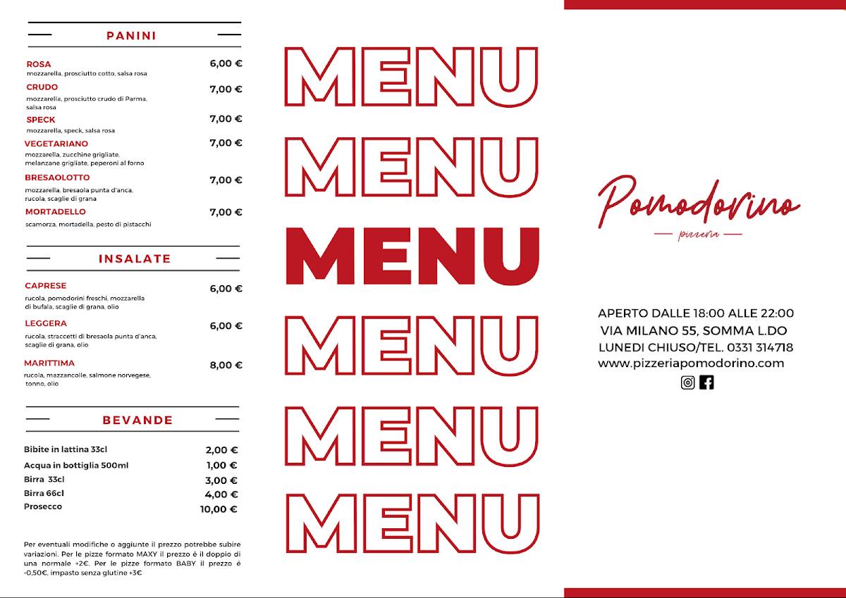 Menu da Pomodorino ristorante, Somma Lombardo