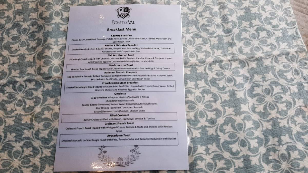 Menu at Pont de Val Restaurant, South Africa