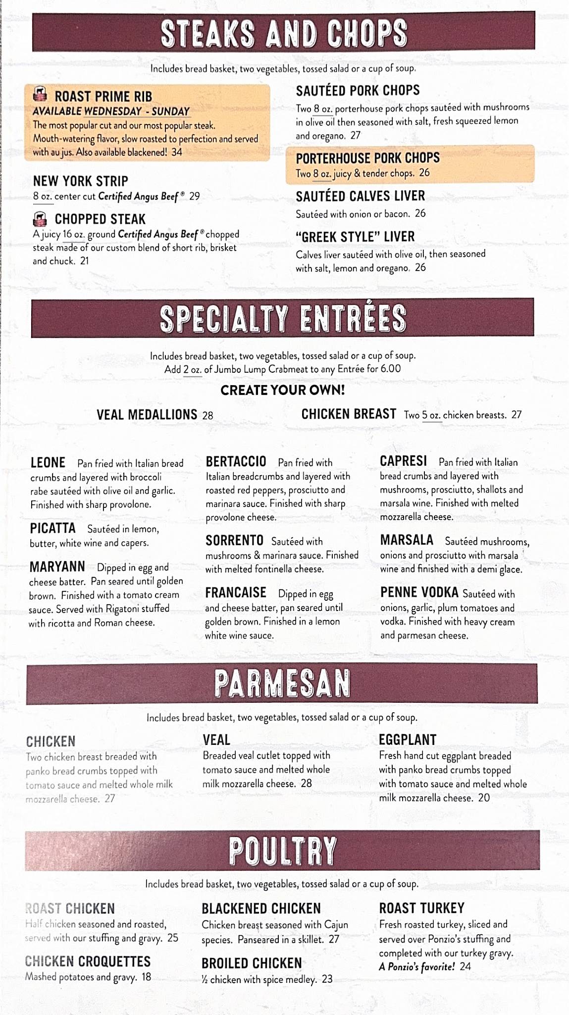 Menu at Ponzio's Diner-Bakery-Bar, Cherry Hill