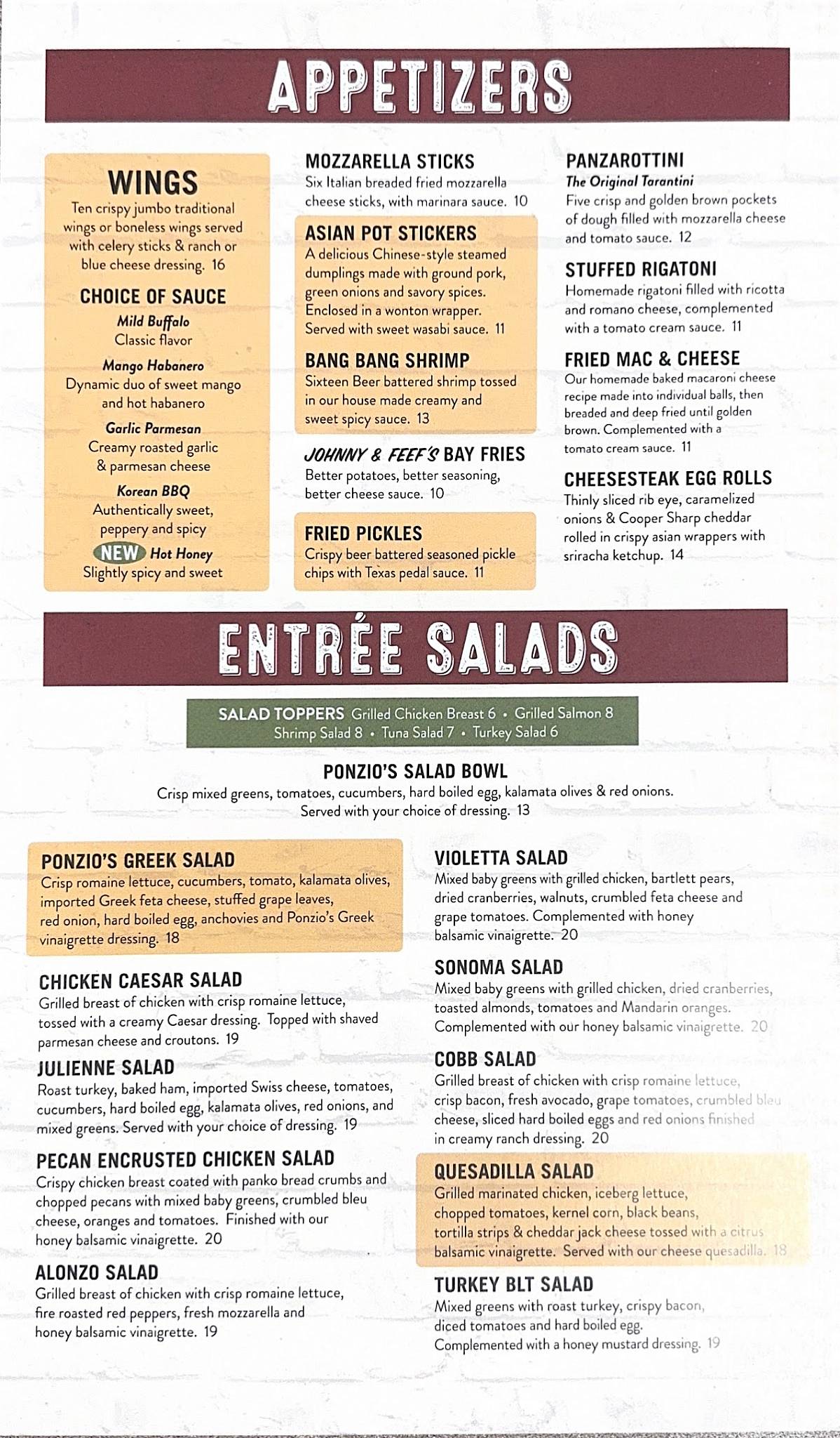Menu at Ponzio's Diner-Bakery-Bar, Cherry Hill