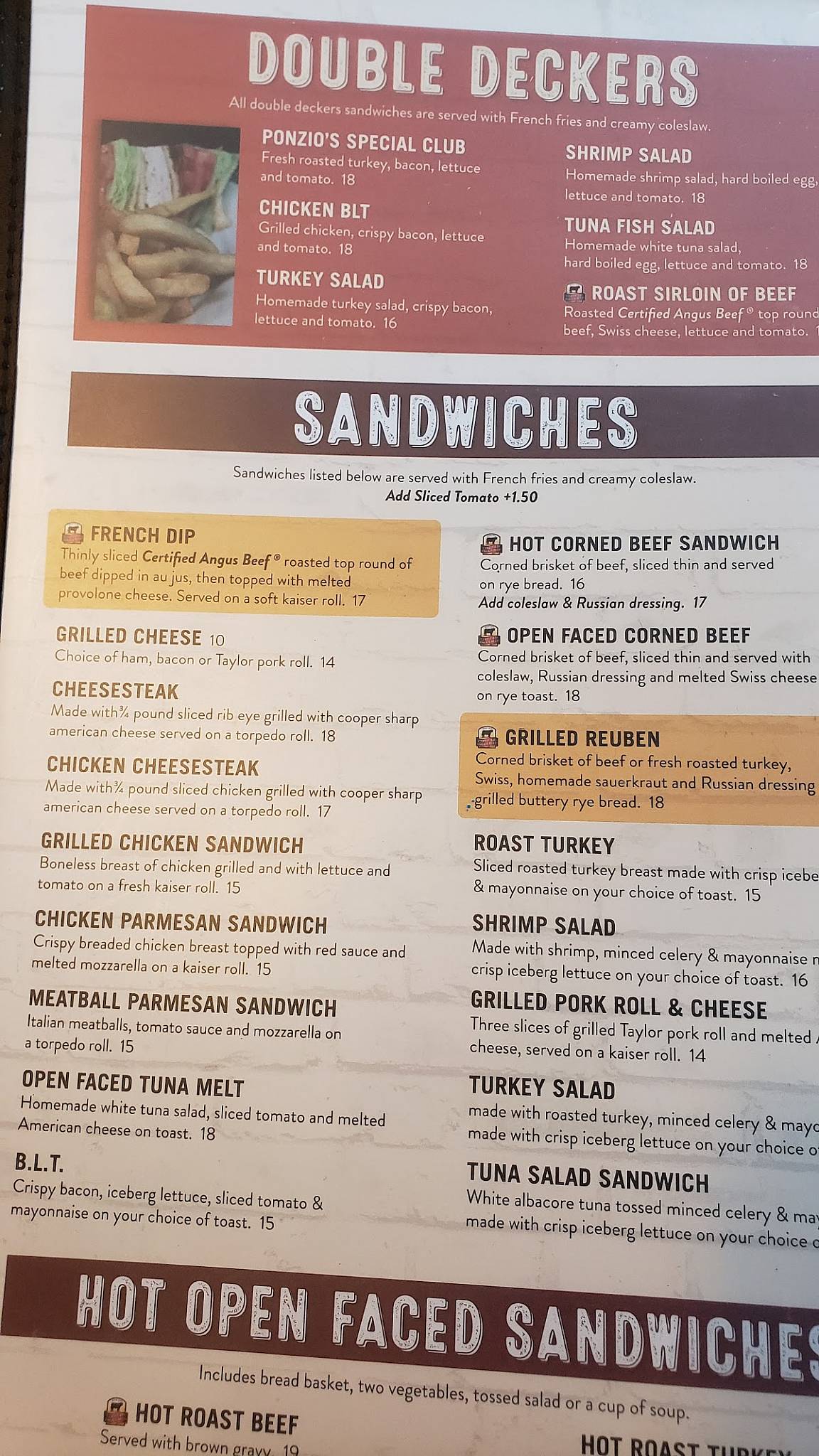 Menu at Ponzio's Diner-Bakery-Bar, Cherry Hill