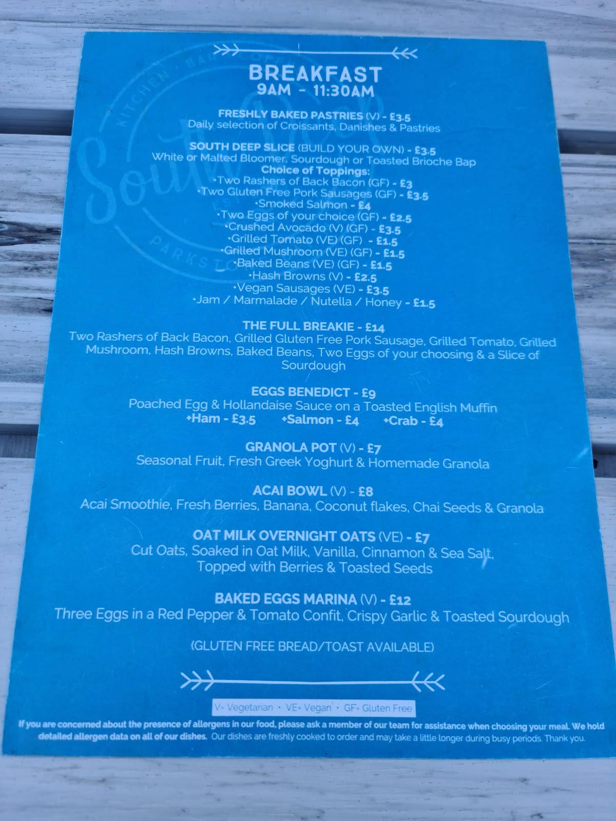Menu at South Deep cafe, Poole, Turks Ln