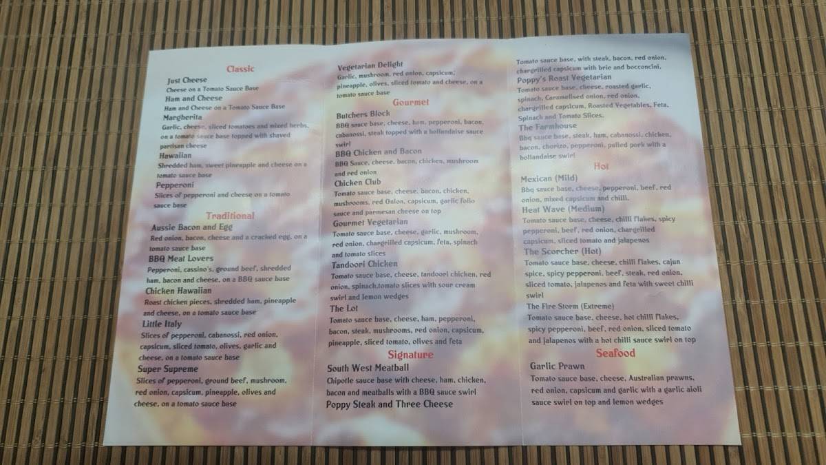 Menu at Poppy's Pizza Place pizzeria, Walkerston