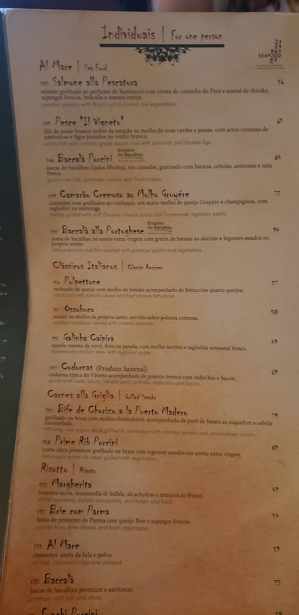 Menu em Porcini Trattoria restaurante, Curitiba