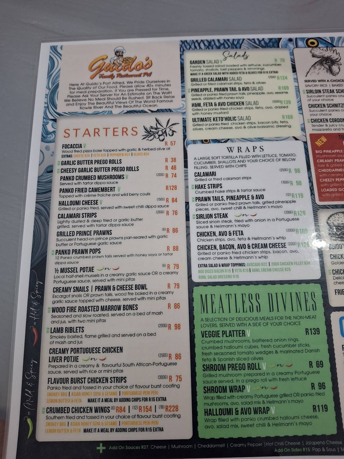 Menu at Guido's Port Alfred restaurant, Port Alfred