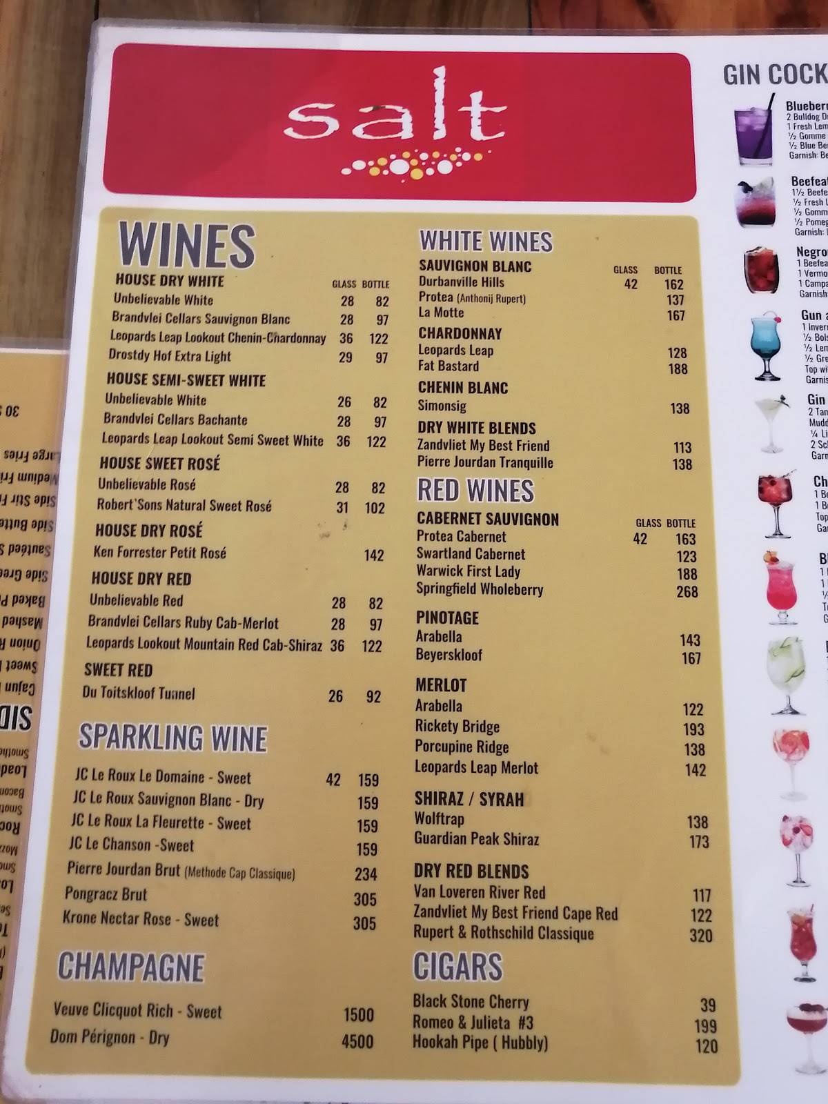 Menu at Salt Restaurant, Port Elizabeth