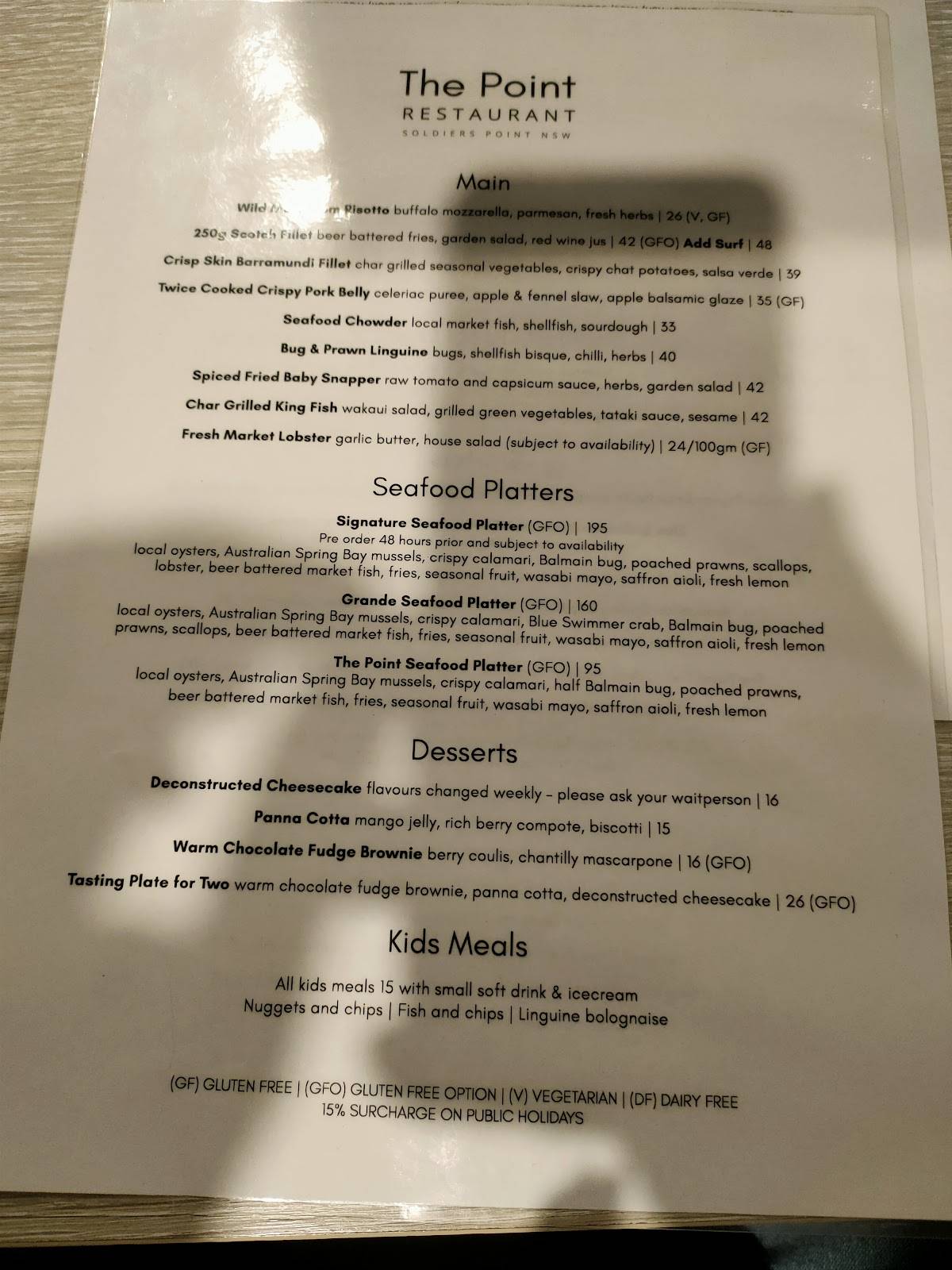 Menu at The Point Restaurant, Soldiers Point, Soldiers Point Marina, 1 ...