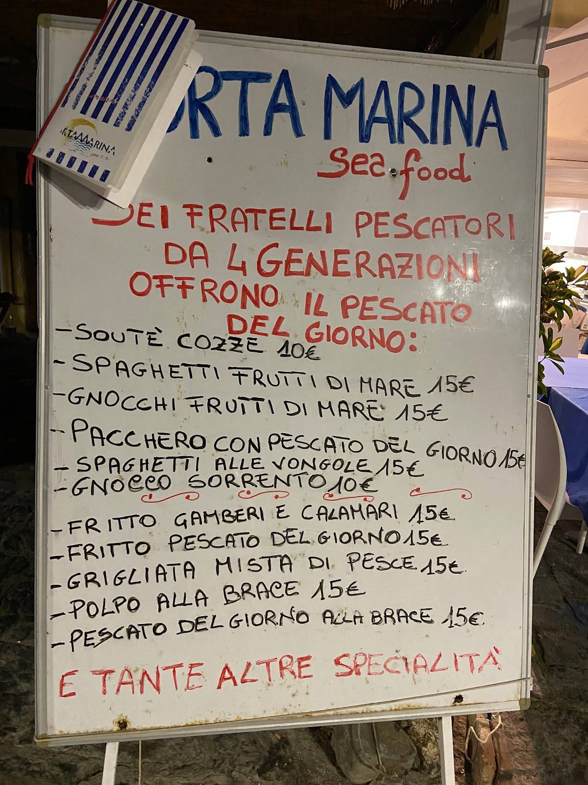Menu at Porta Marina Seafood restaurant, Sorrento, Via Marina Grande
