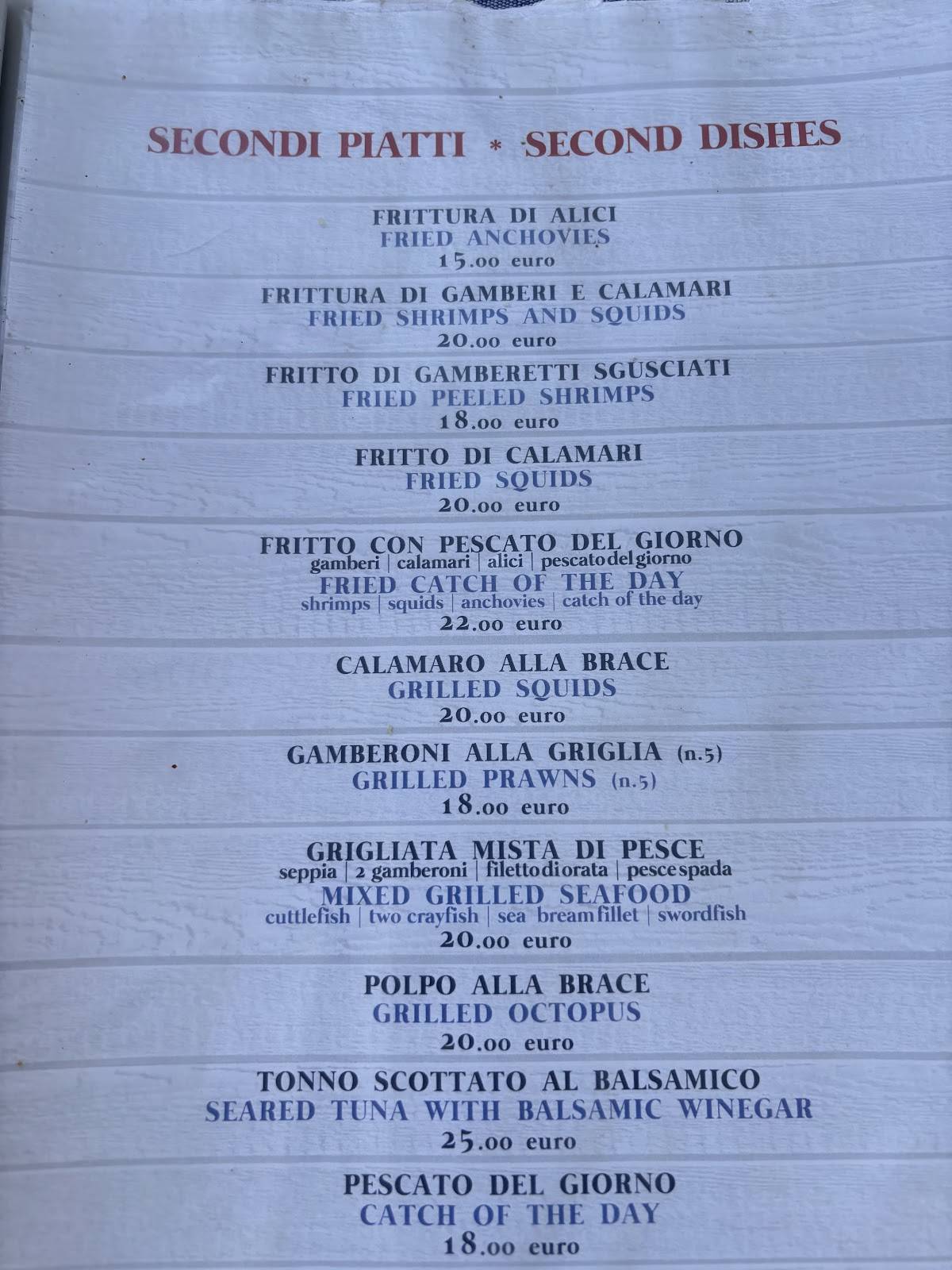 Menu at Porta Marina Seafood restaurant, Sorrento, Via Marina Grande