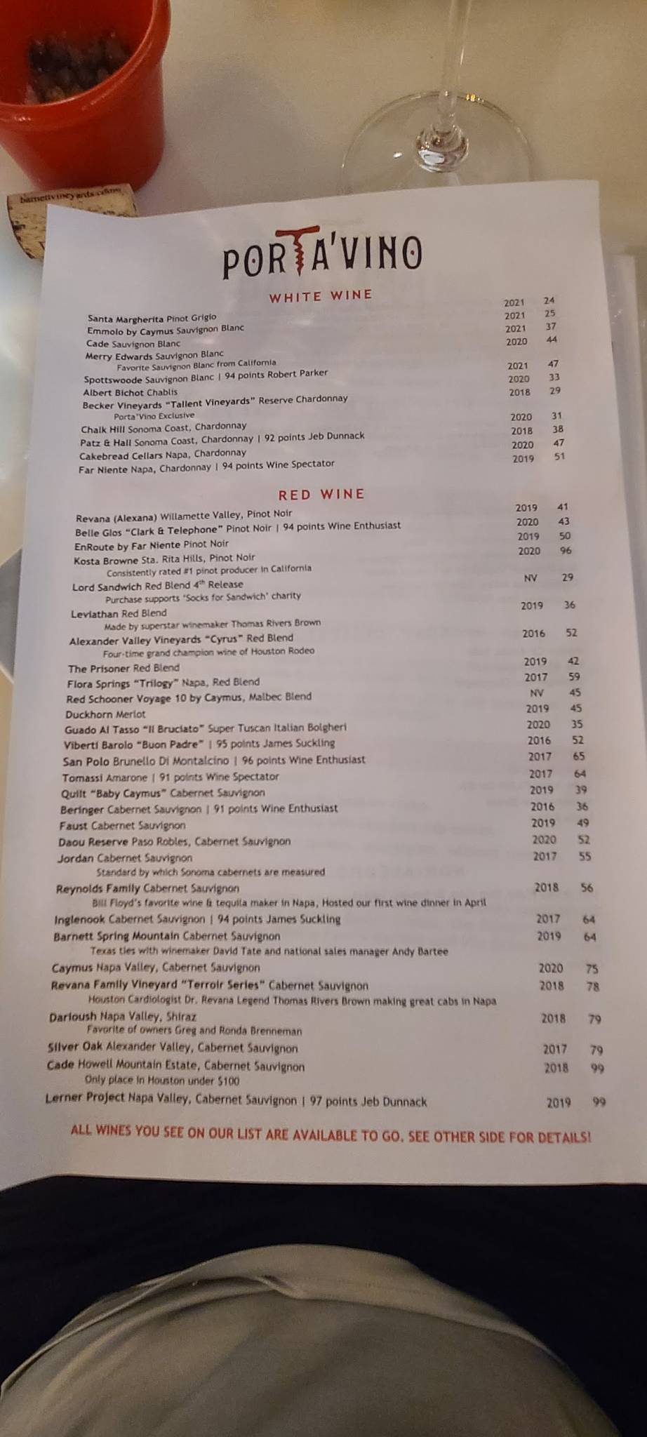 Menu at Porta'Vino pub & bar, The Woodlands