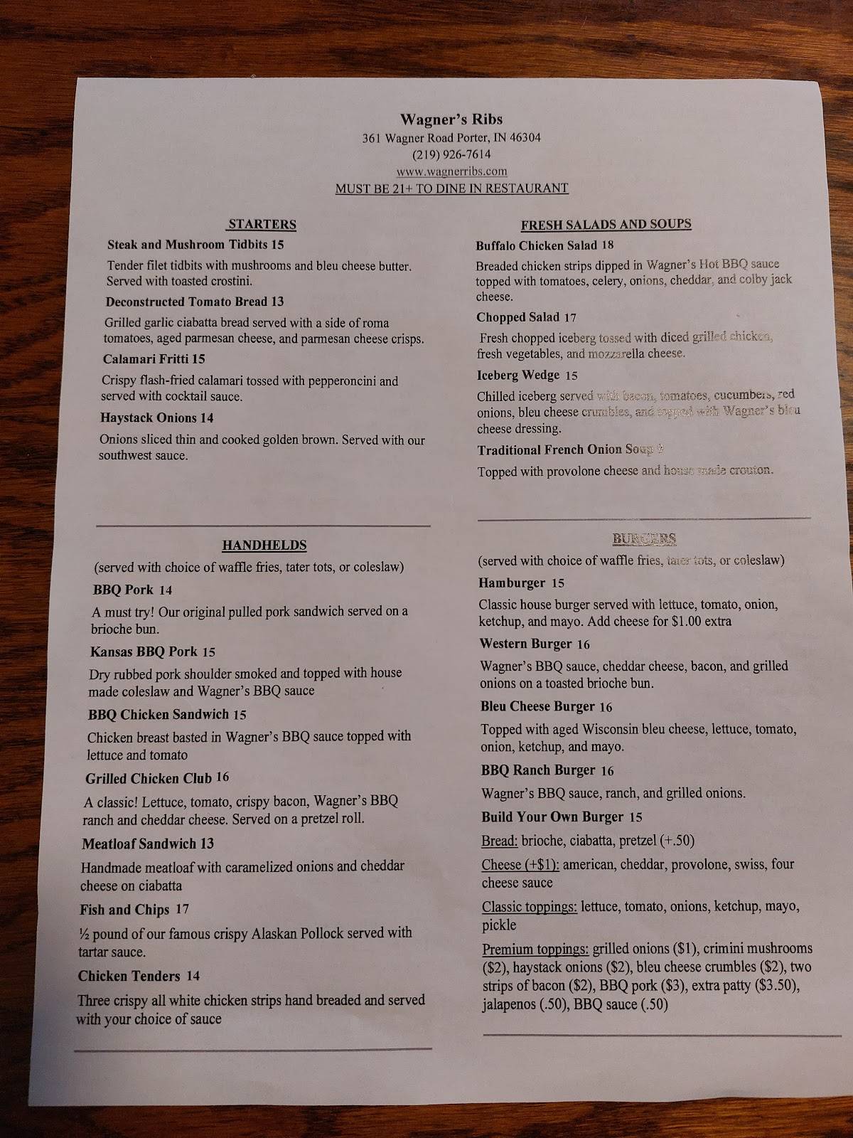 Menu at Wagner's Ribs BBQ, Porter