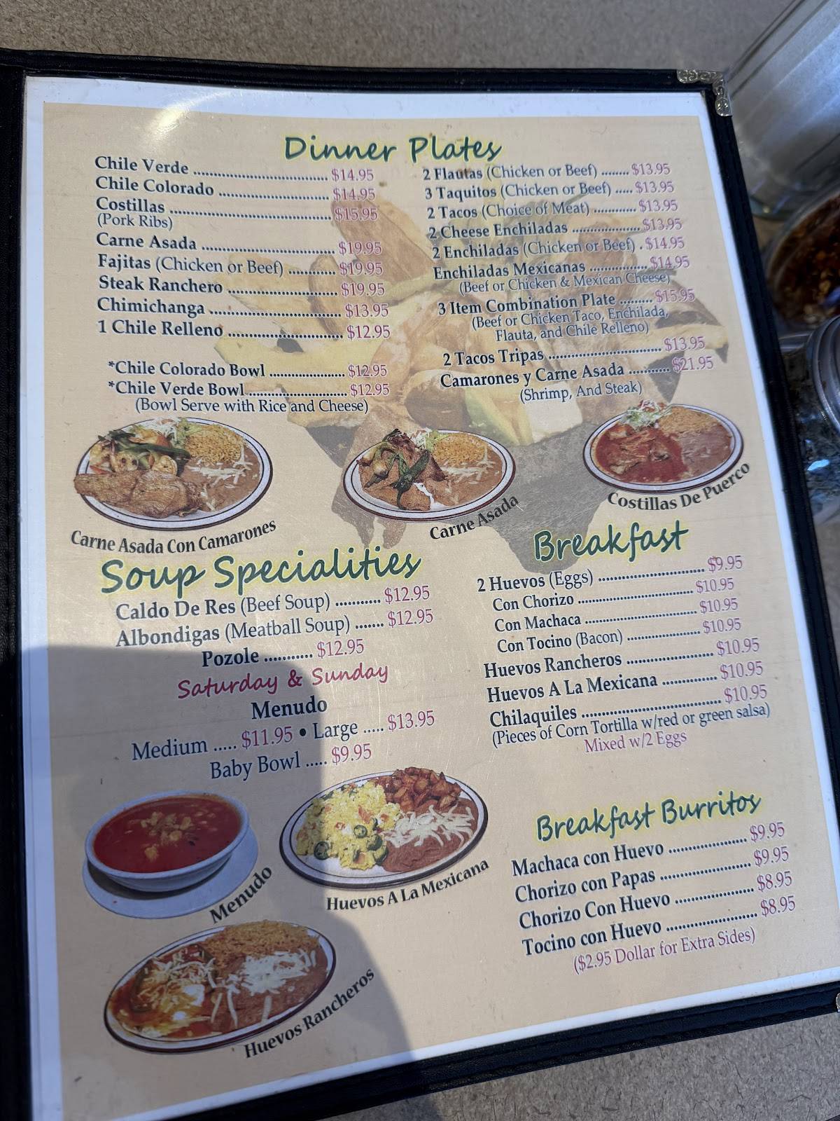 Menu at El Jacalito restaurant, Porterville
