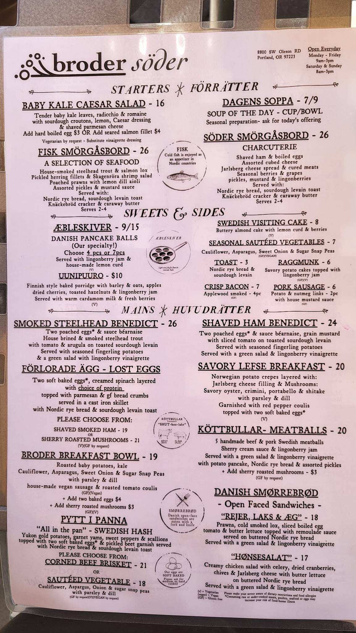 Menu at Broder Söder restaurant, Portland, SW Oleson Rd