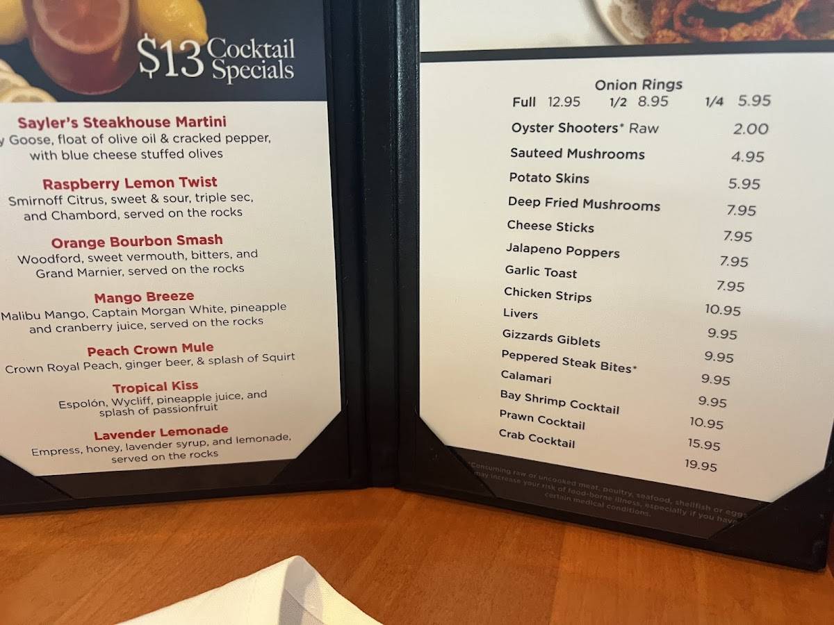Menu at Sayler's Old Country Kitchen steakhouse, Portland