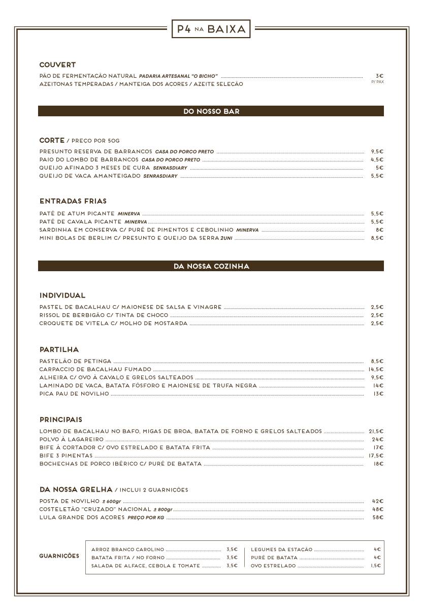 Carta del restaurante P4 na Baixa, Oporto