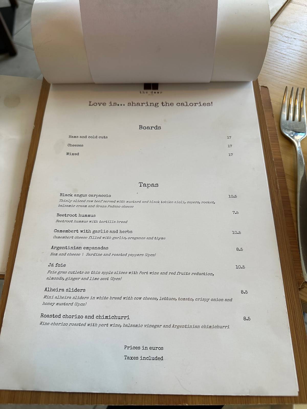 Menu at The Door restaurant, Porto