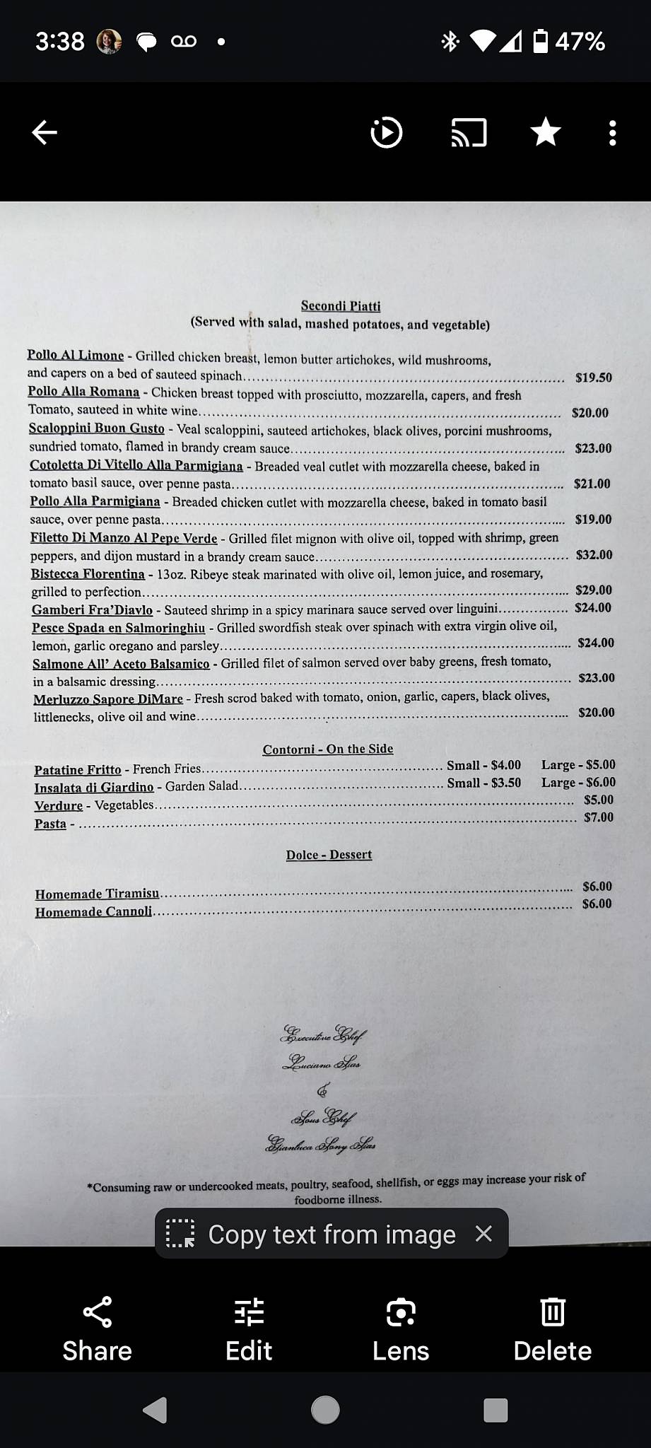 Menu at Posillipo restaurant, North Providence