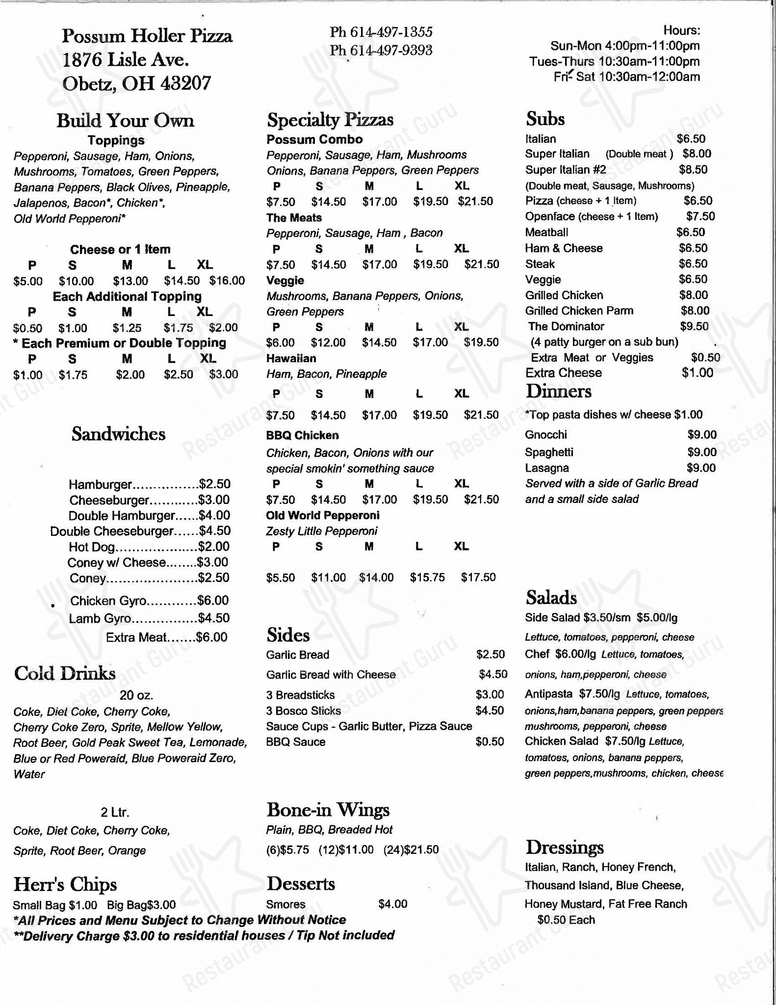Menu at Possum Holler Pizza pizzeria, Obetz