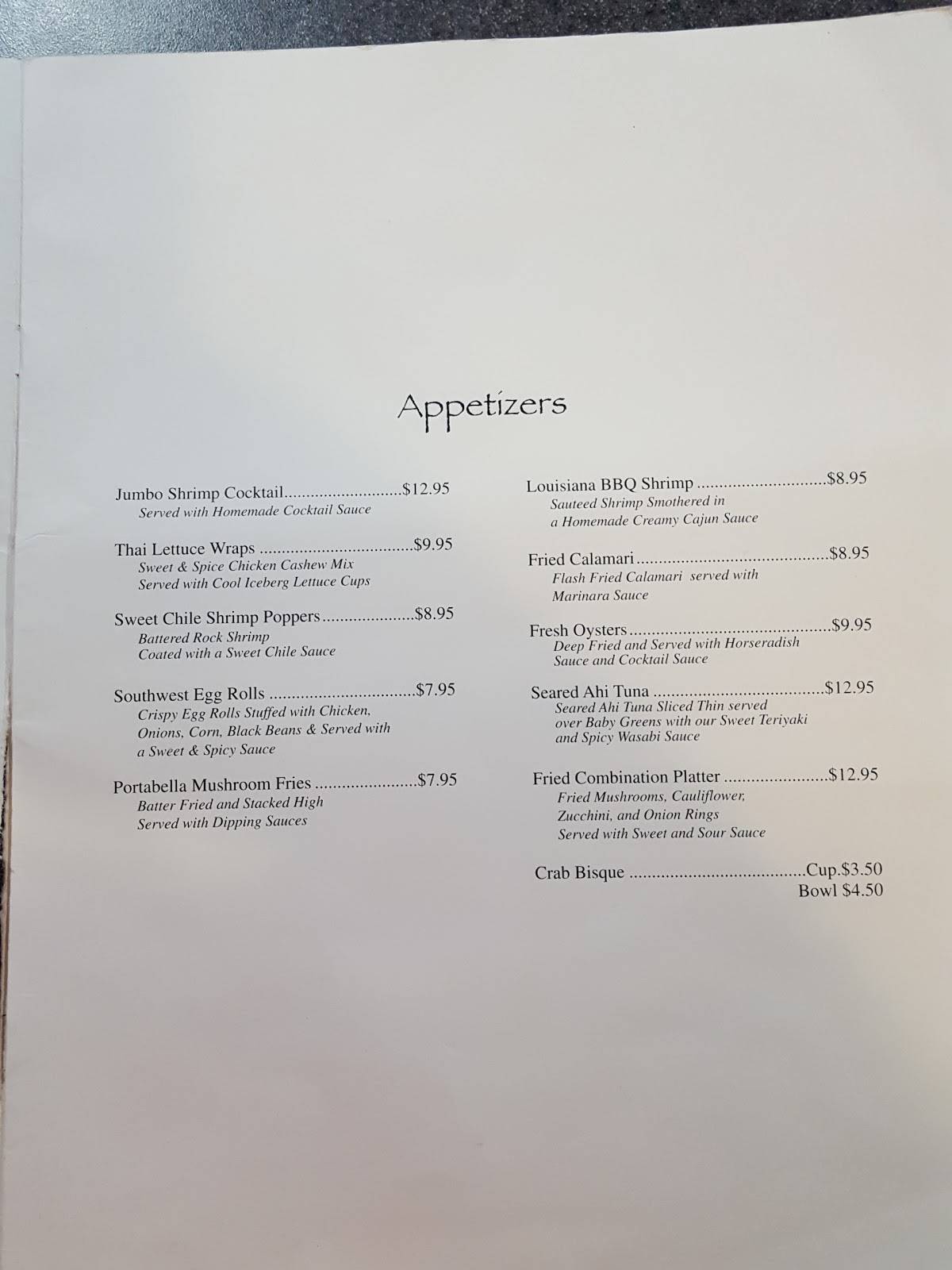 Menu at Possum Trot steakhouse, USA
