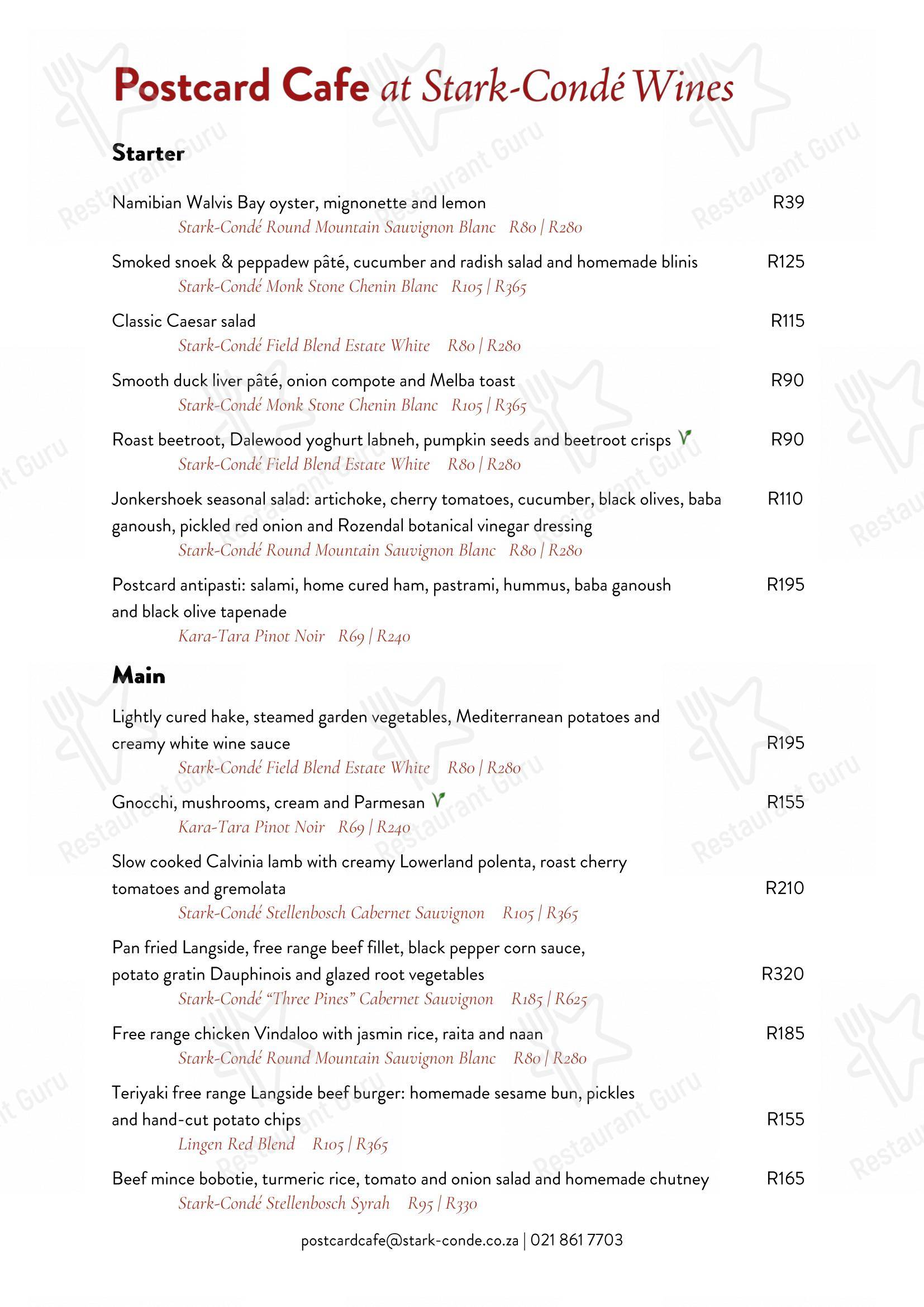 Menu at Postcard Café at Stark-Condé Wines cafe, Stellenbosch