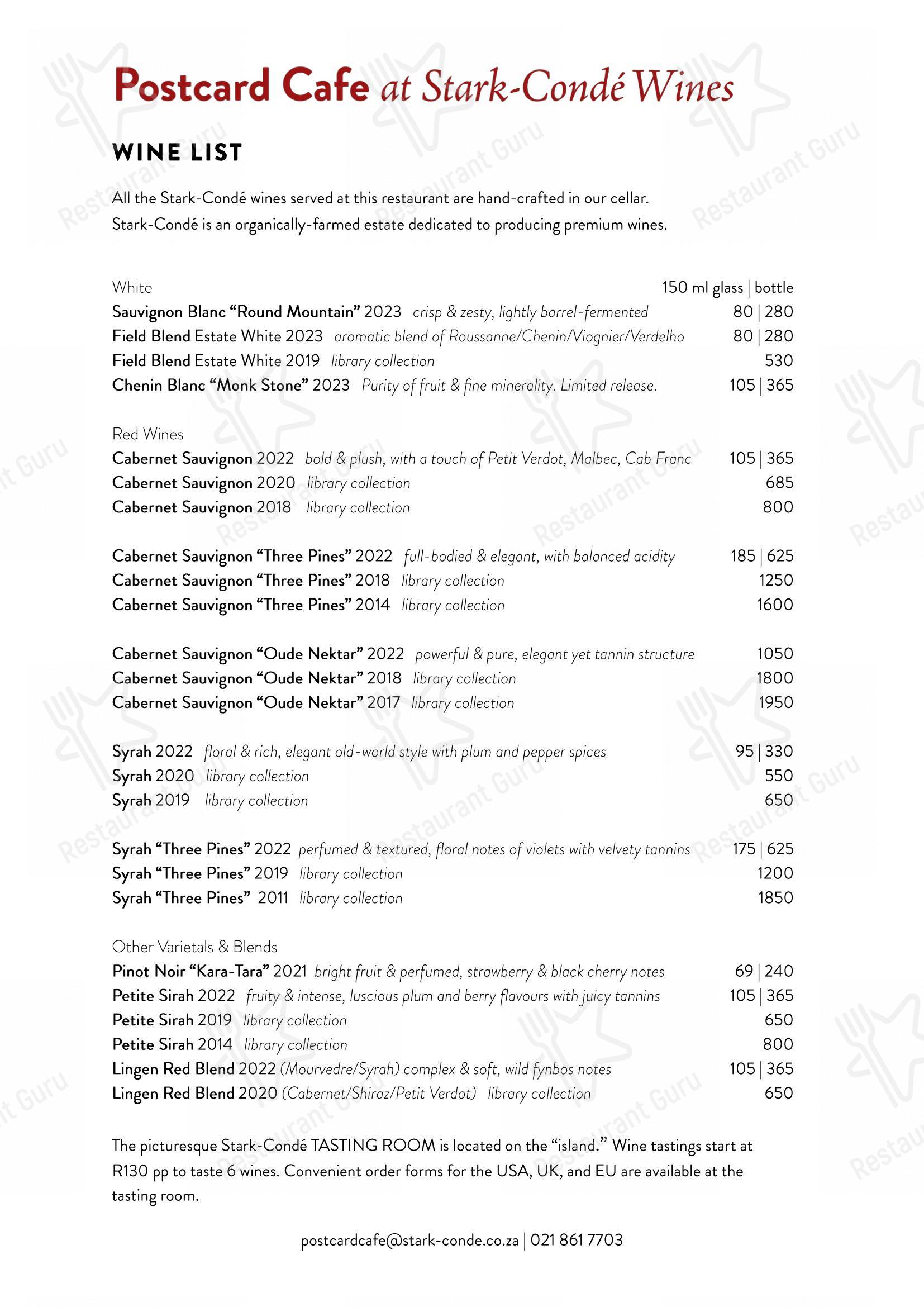 Menu at Postcard Café at Stark-Condé Wines cafe, Stellenbosch