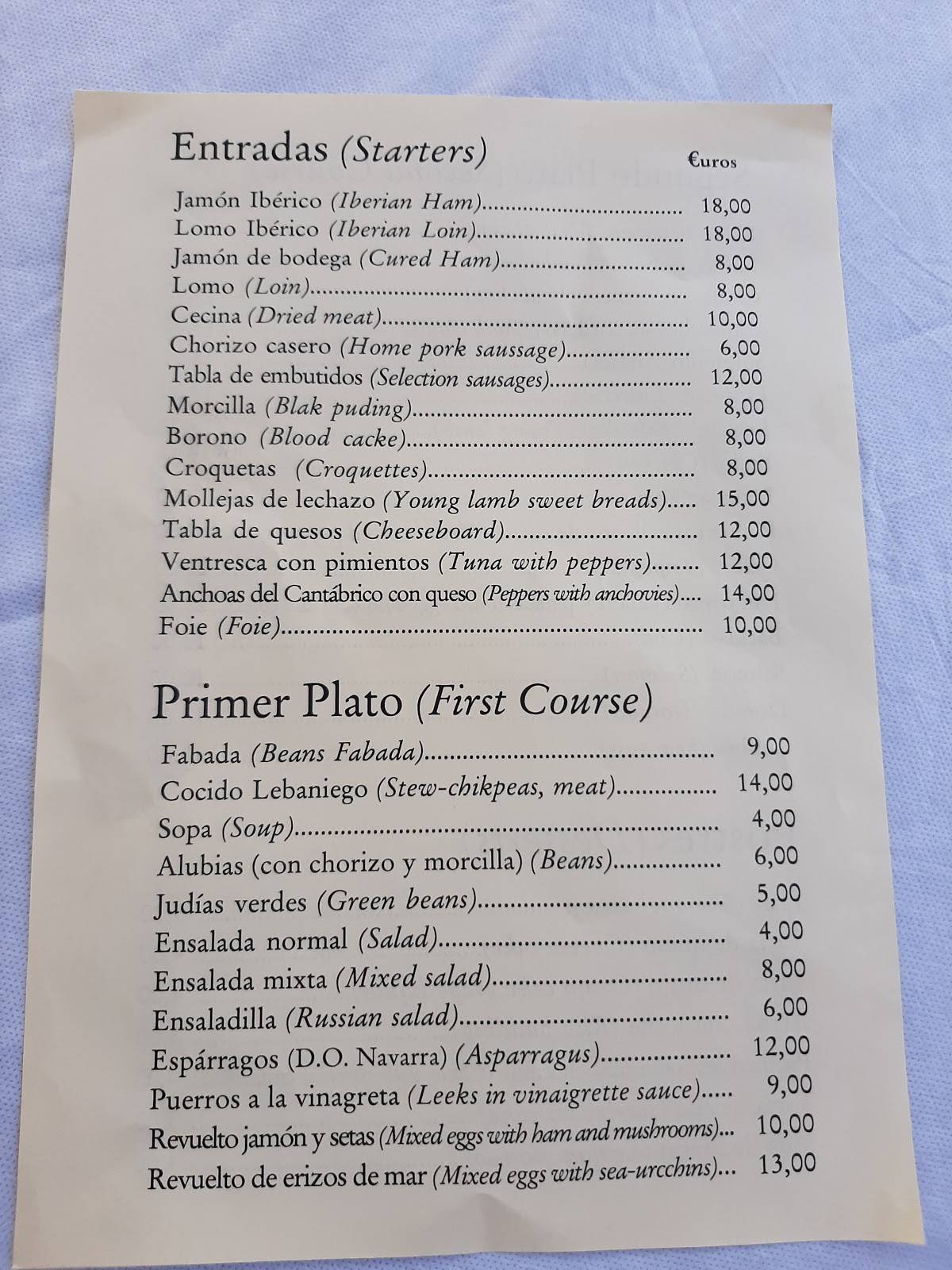 Carta de parrilla El Bodegón, Potes