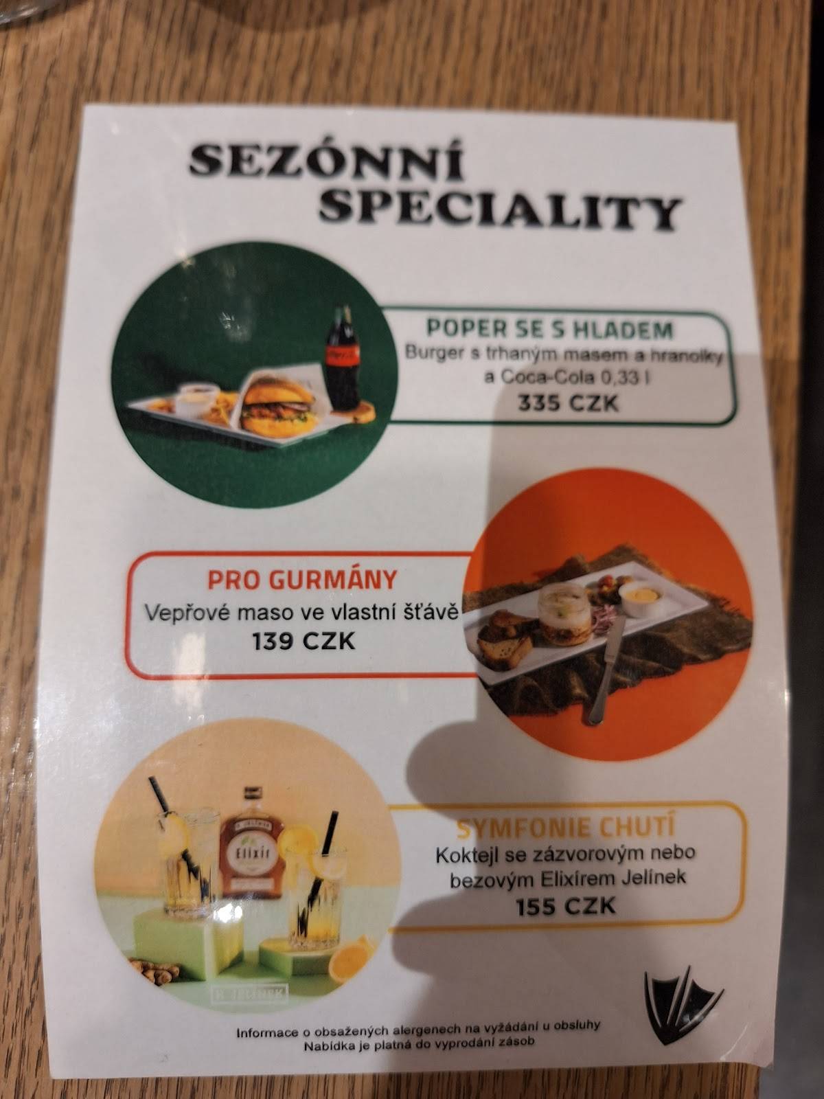 Menu at Potrefená Husa pub & bar, Prague, Hlavní nádraží