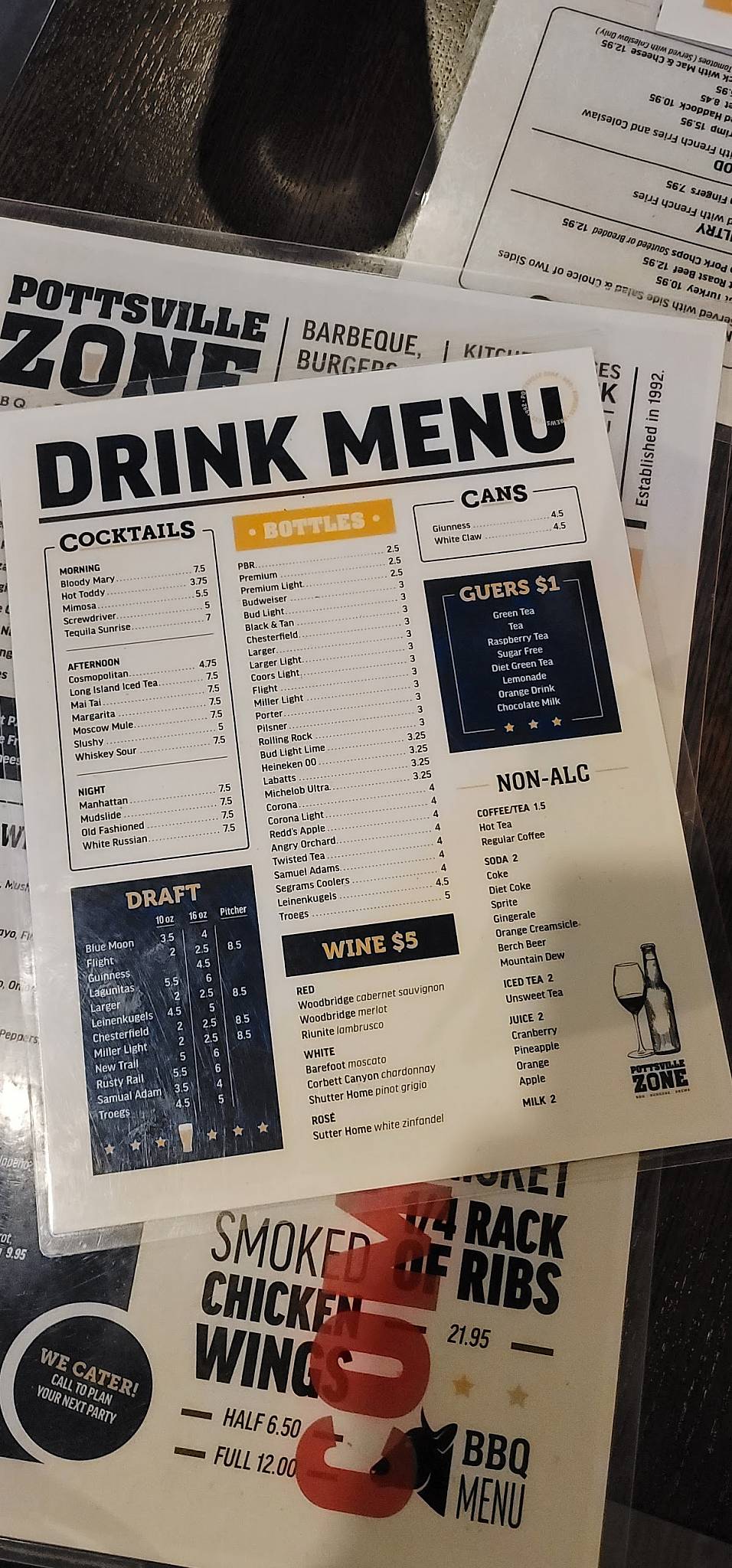 Menu at Pottsville Zone pub & bar, Pottsville