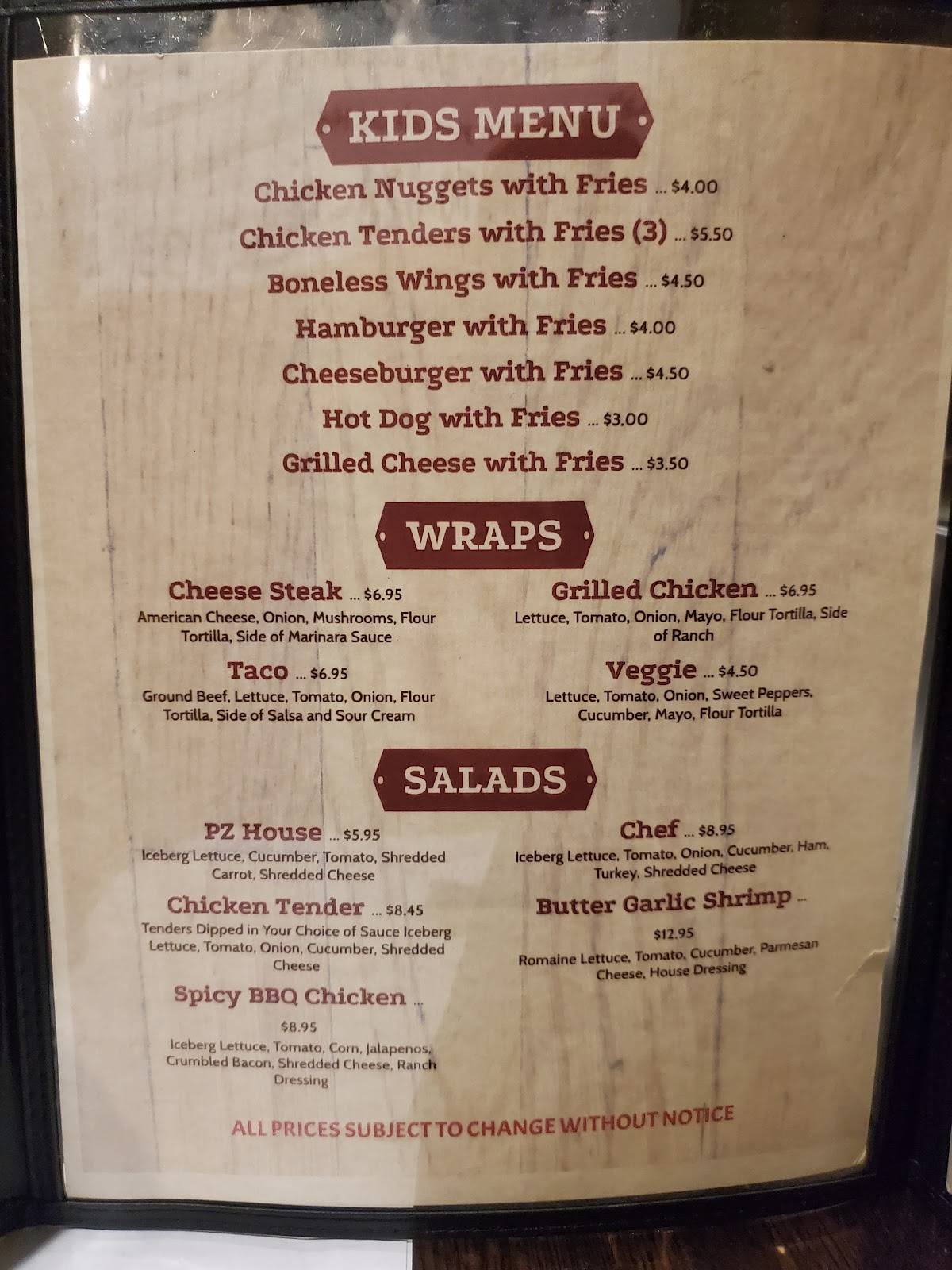 Menu at Pottsville Zone pub & bar, Pottsville